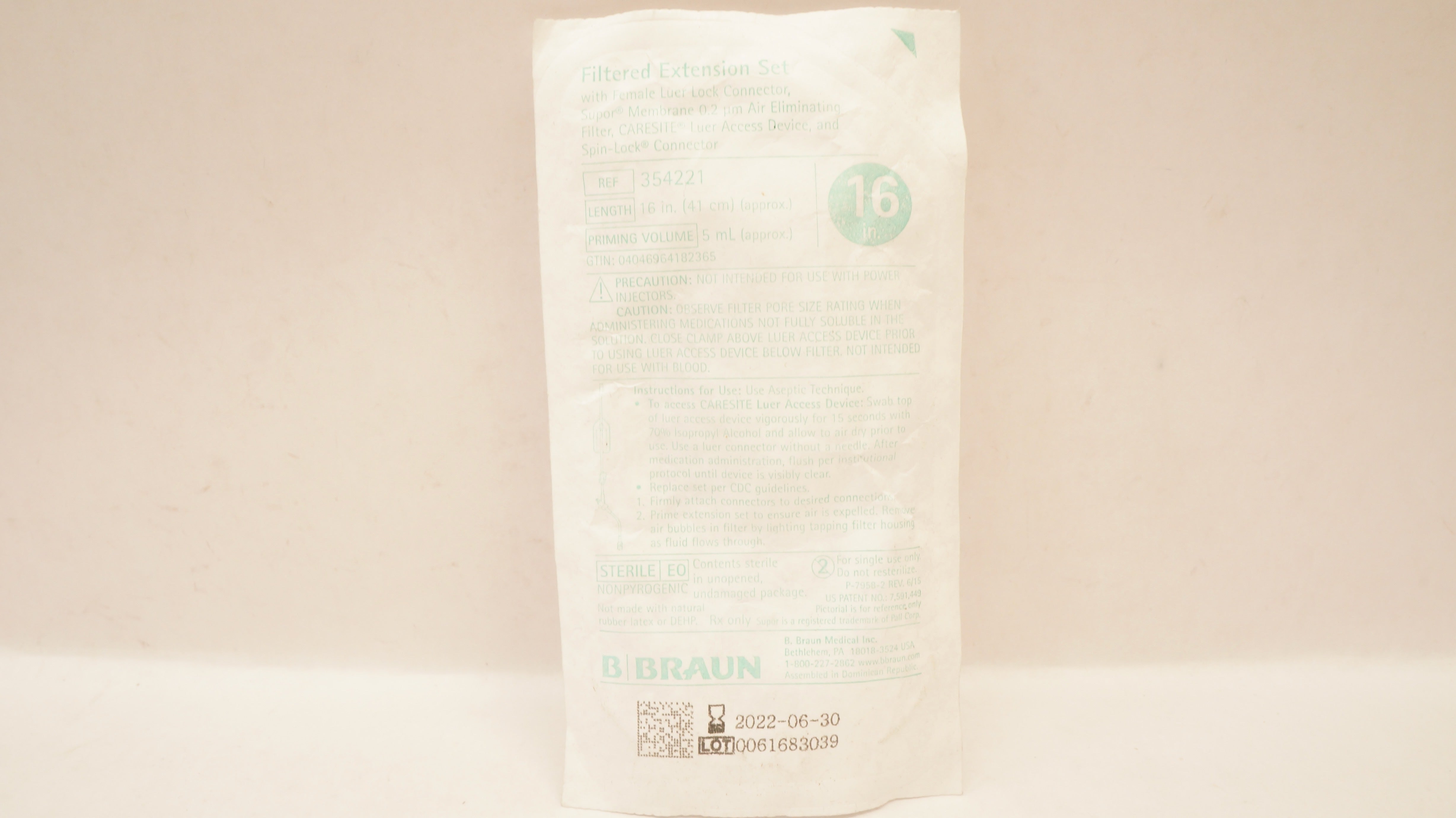 Braun 354221 Filtered Extension Set w/Female Luer Lock Connector 16in x ...
