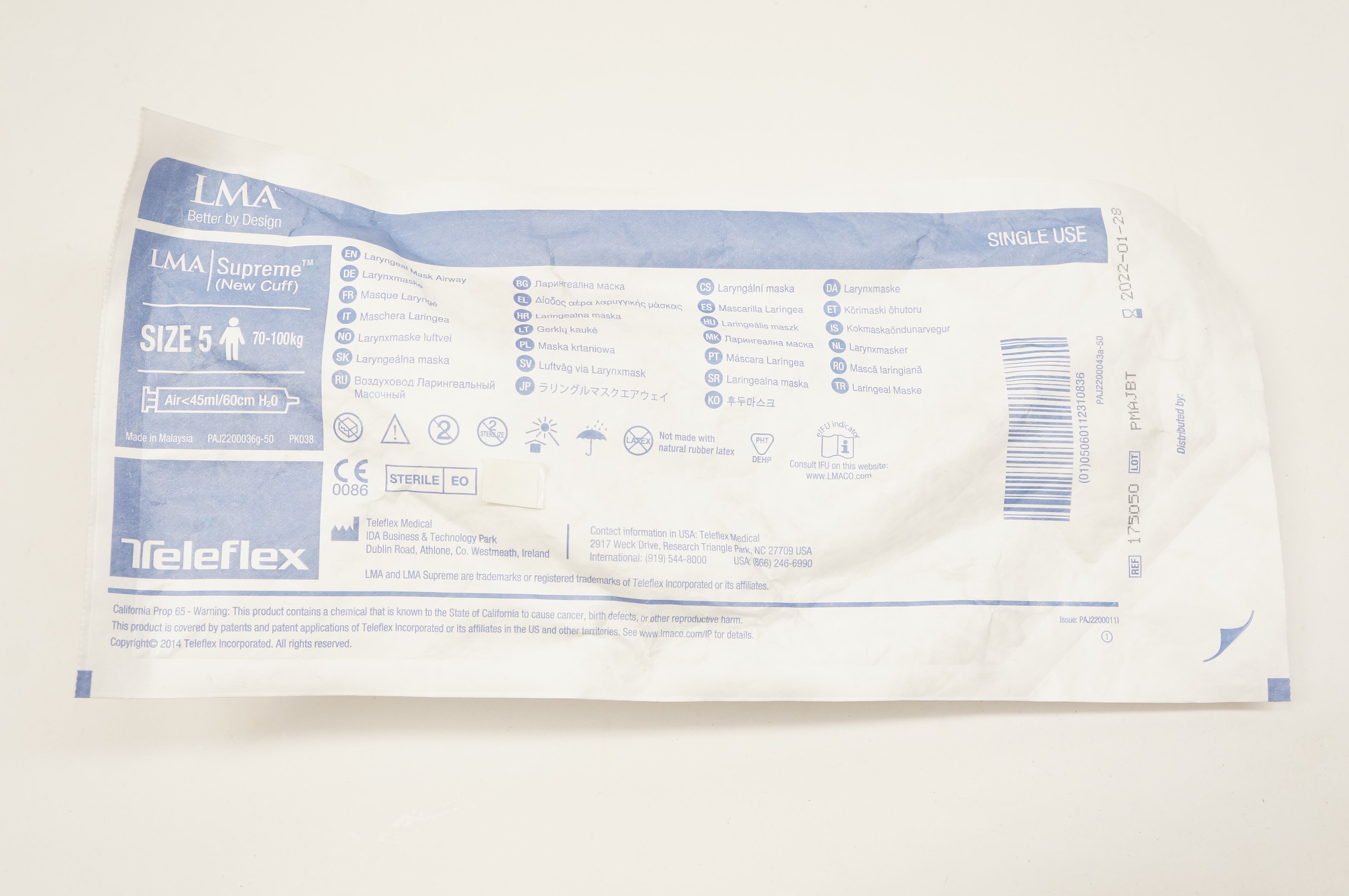 Teleflex 175050 LMA Supreme Laryngoscope Airway, Size 5 70-100kg (x)