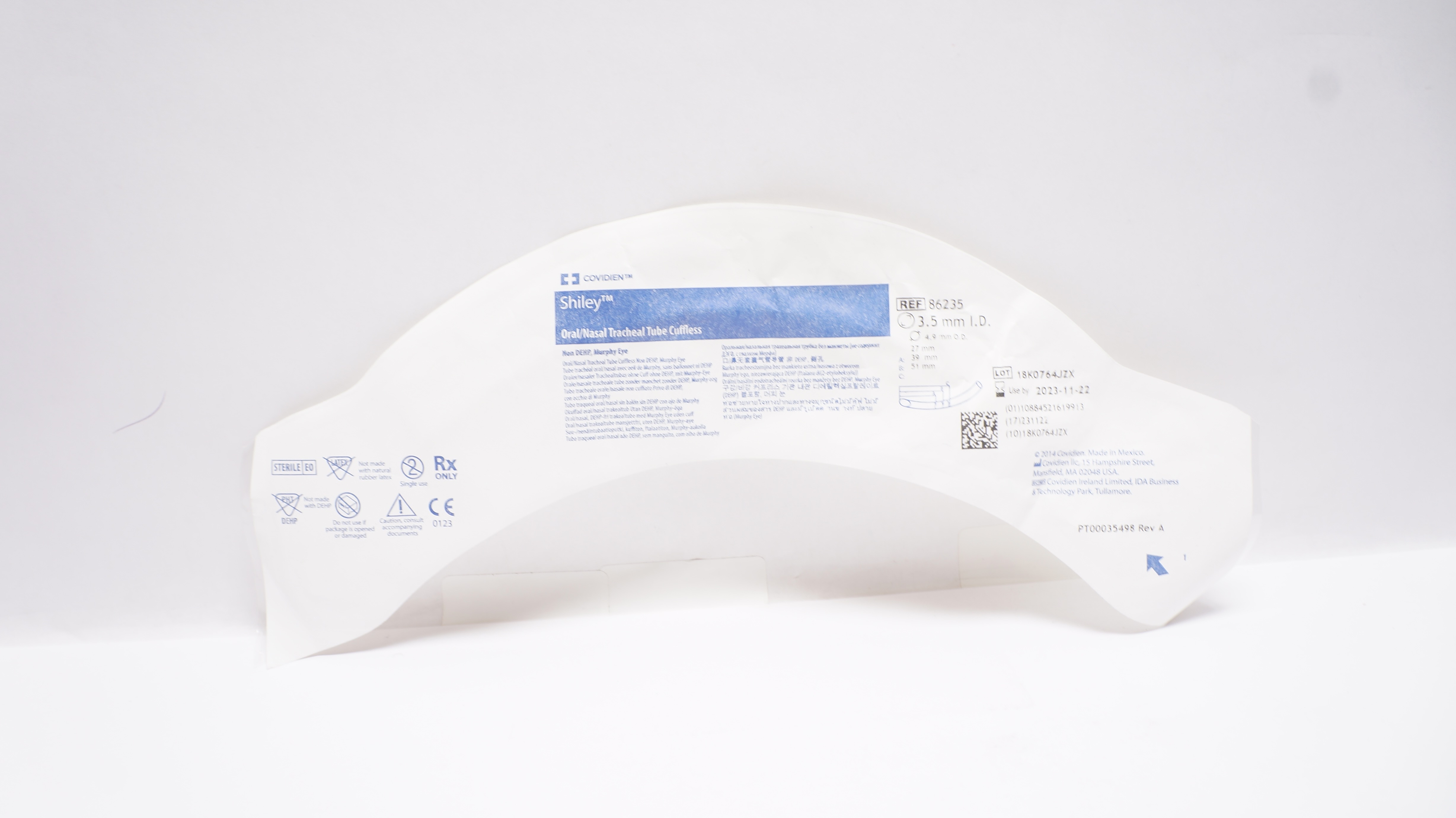 Covidien 86235 Shiley Oral/Nasal Tracheal Tube Cuffless 3.5mm ID x 4 ...