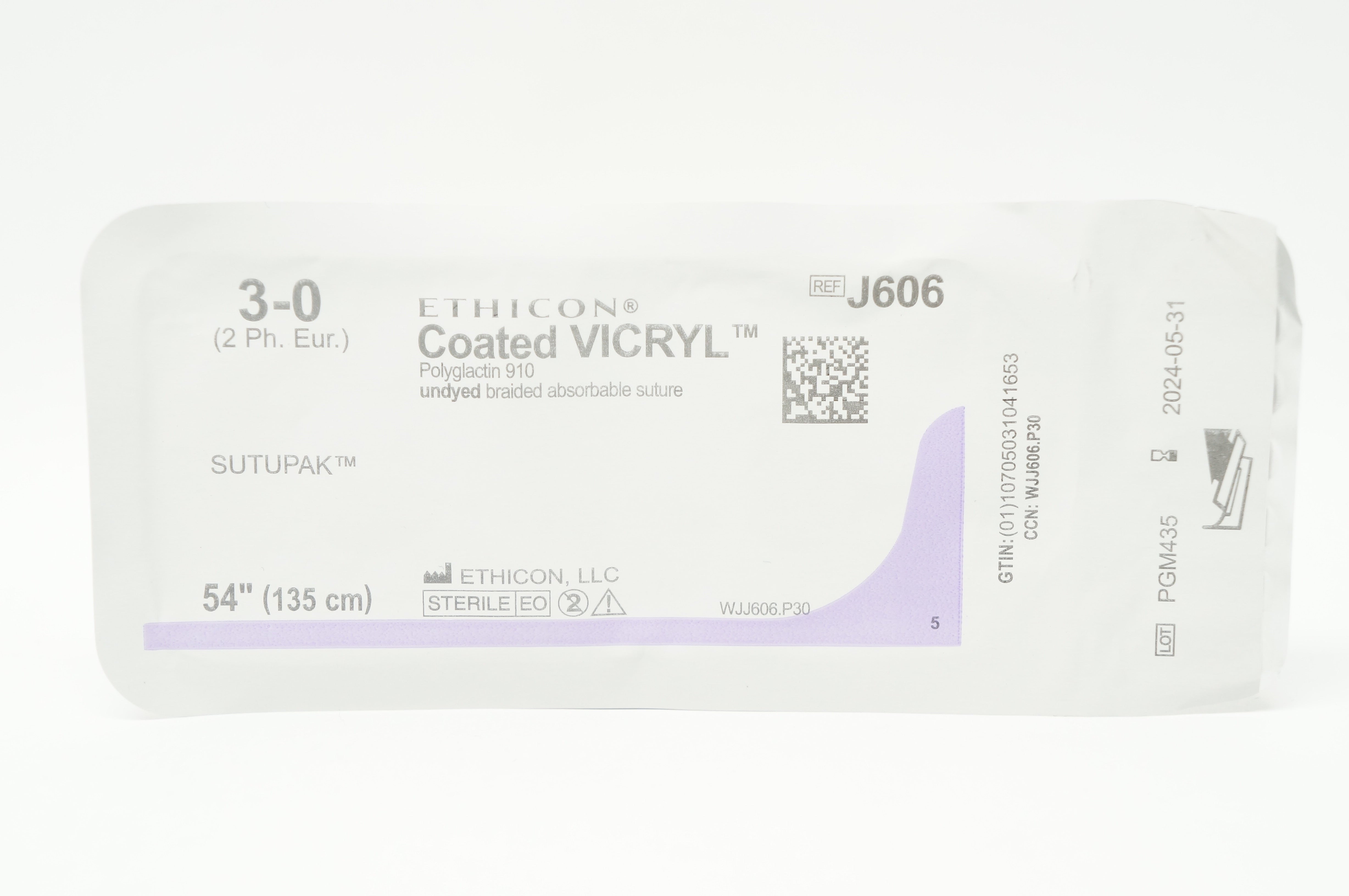 Ethicon J606 3-0 VICRYL, Coated, Undyed Braided, 54inch
