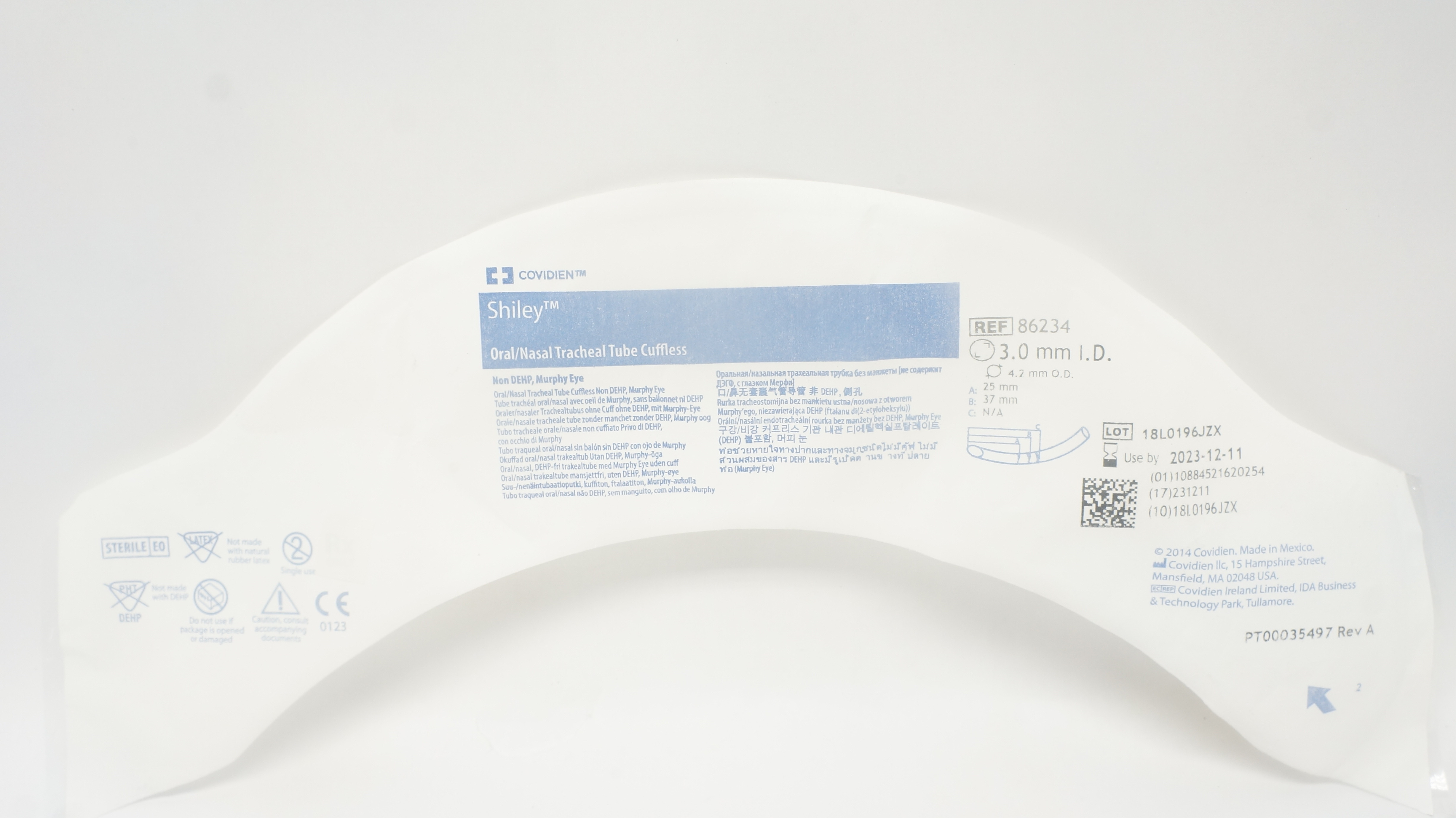 Covidien 86234 Shiley Oral/Nasal Tracheal Tube Cuffless 3.0mm I.D.x4 ...