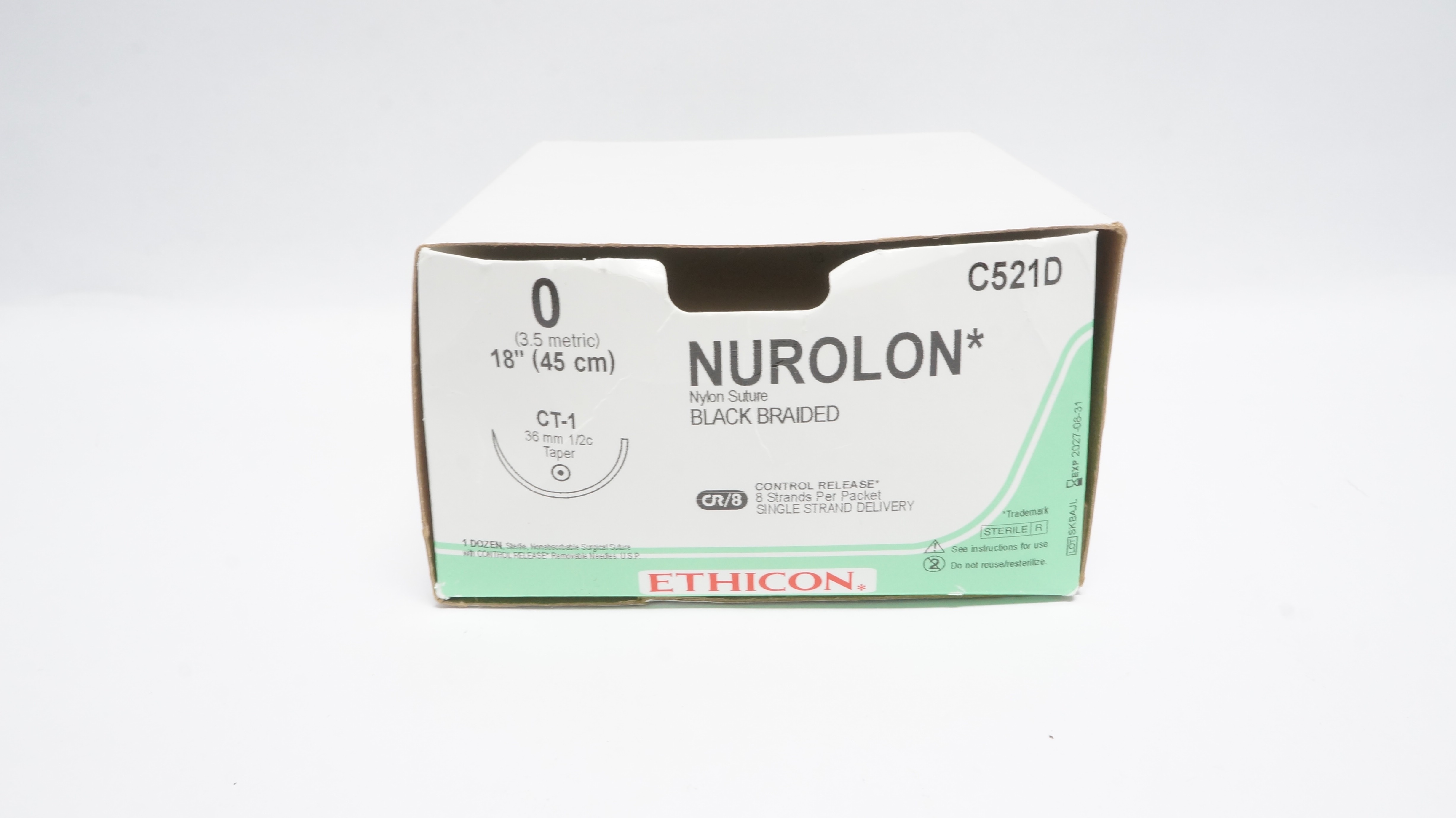 Ethicon C521D 0 NUROLON, CT-1, 1/2 36mm, 18inch - Box of 8
