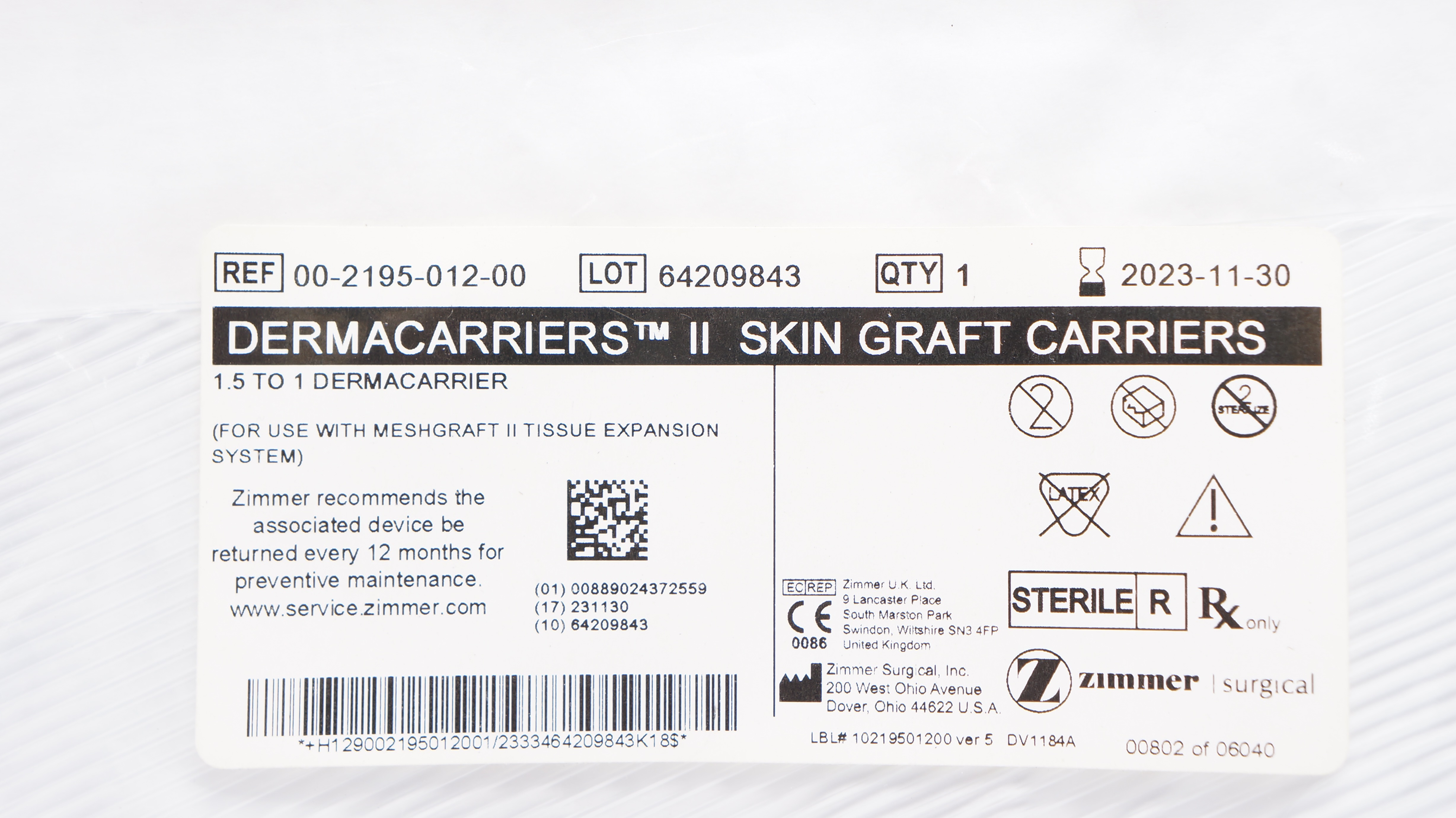 Zimmer 00-2195-012-00 Dermacarriers II Skin Graft Carriers 1.5 to 1 ...