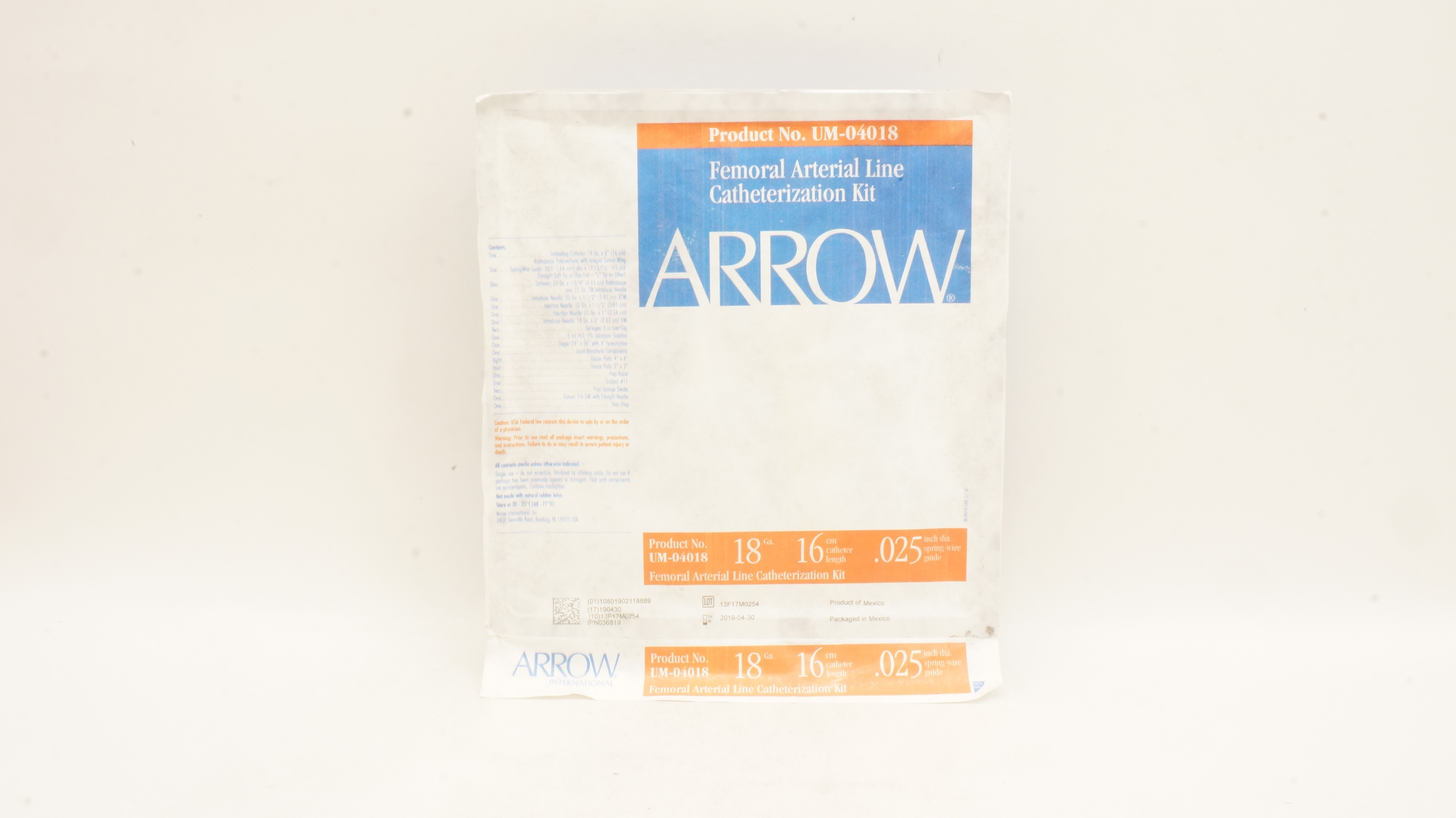 Arrow UM-04018 Femoral Arterial Line Cath. Kit 18Ga x 16 cm x .025 inch (x)