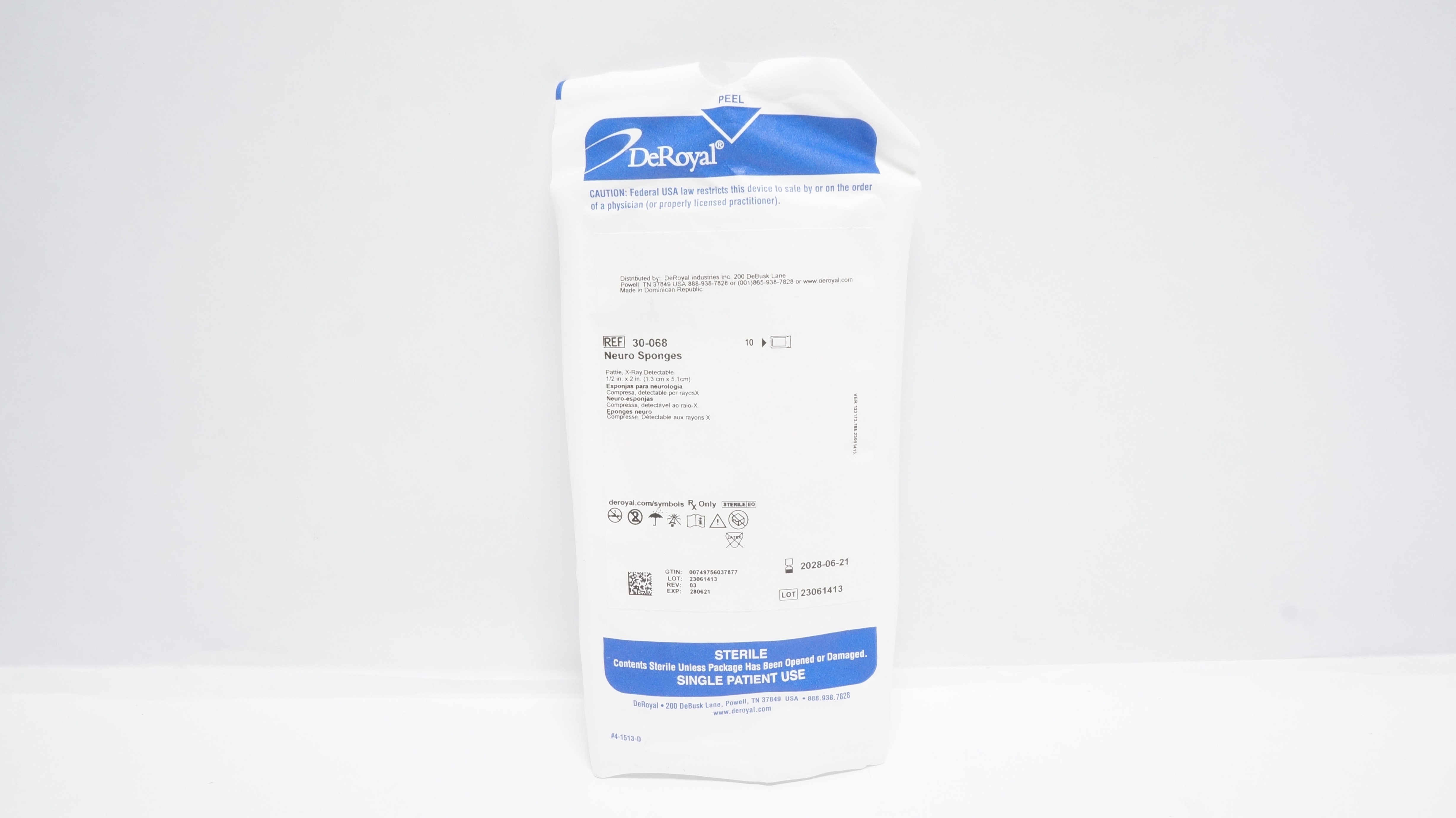 DeRoyal 30-068 Neuro Sponges 1/2In x 2In - Pack of 10