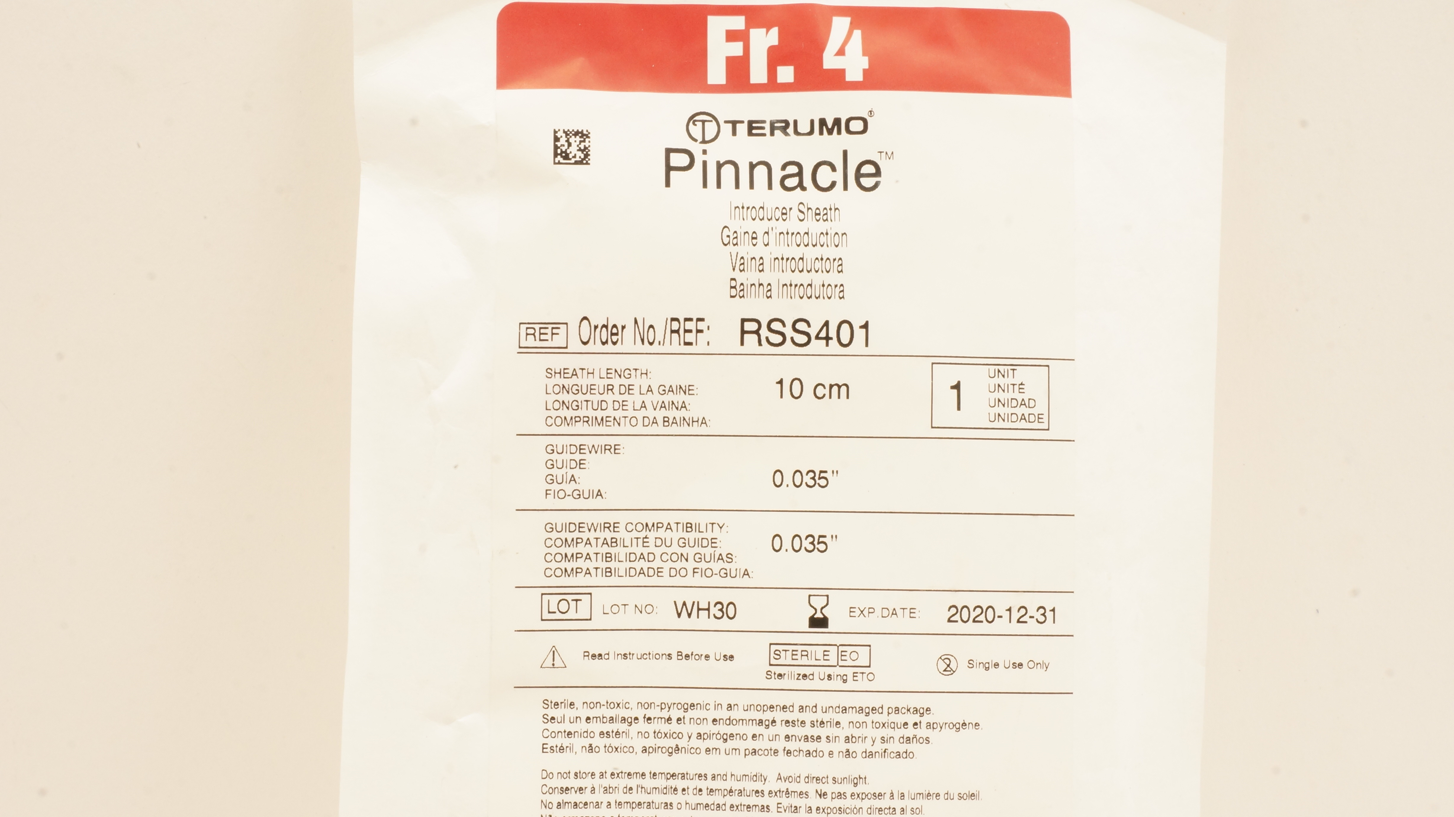 Terumo RSS401 Pinnacle Introducer Sheath 4Fr x 10cm x 0.035 inch x 0 ...