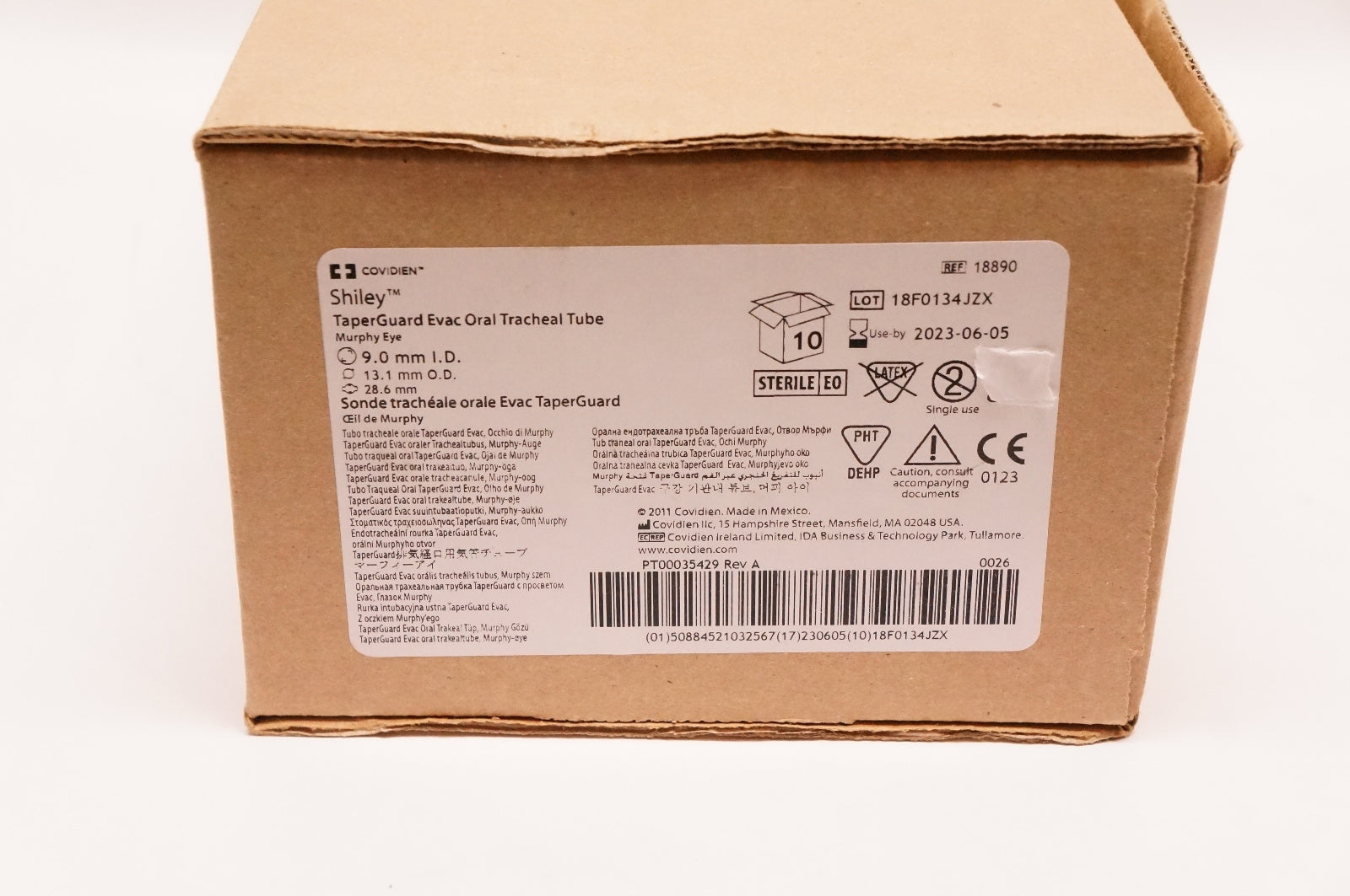 Covidien 18890 Shiley Taper Guard Evac Oral Tracheal Tube 9.0mm ID ...