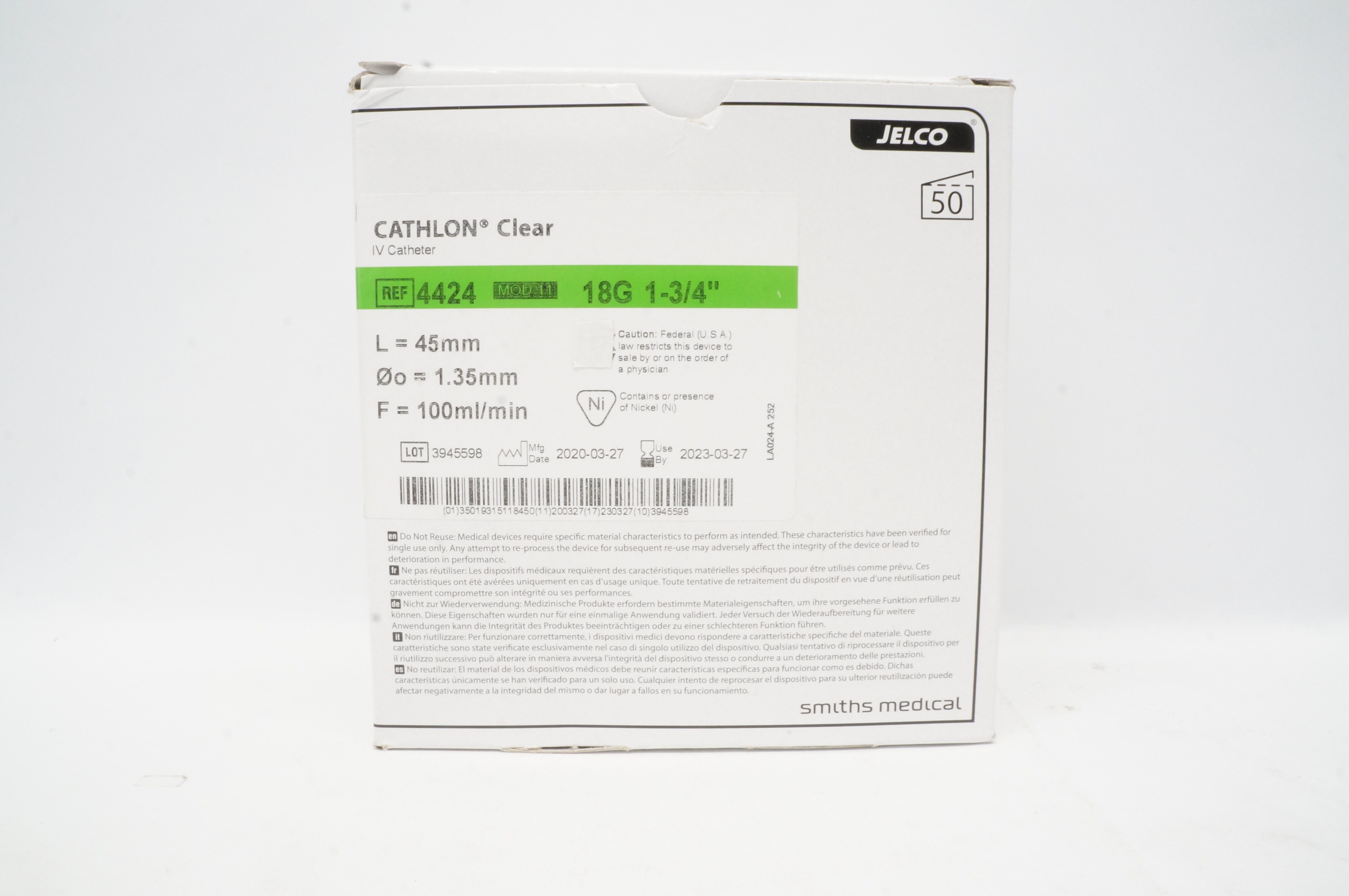 Smiths Medical 4424 Cathlon Clear I.V. Cath.18G x 1-3/4in.,100ml/min ...