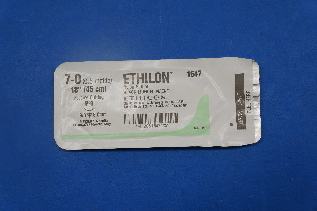 Ethicon 1647 7-0 ETHILON, P-6 8.0mm 3/8 Reverse Cutting, 18