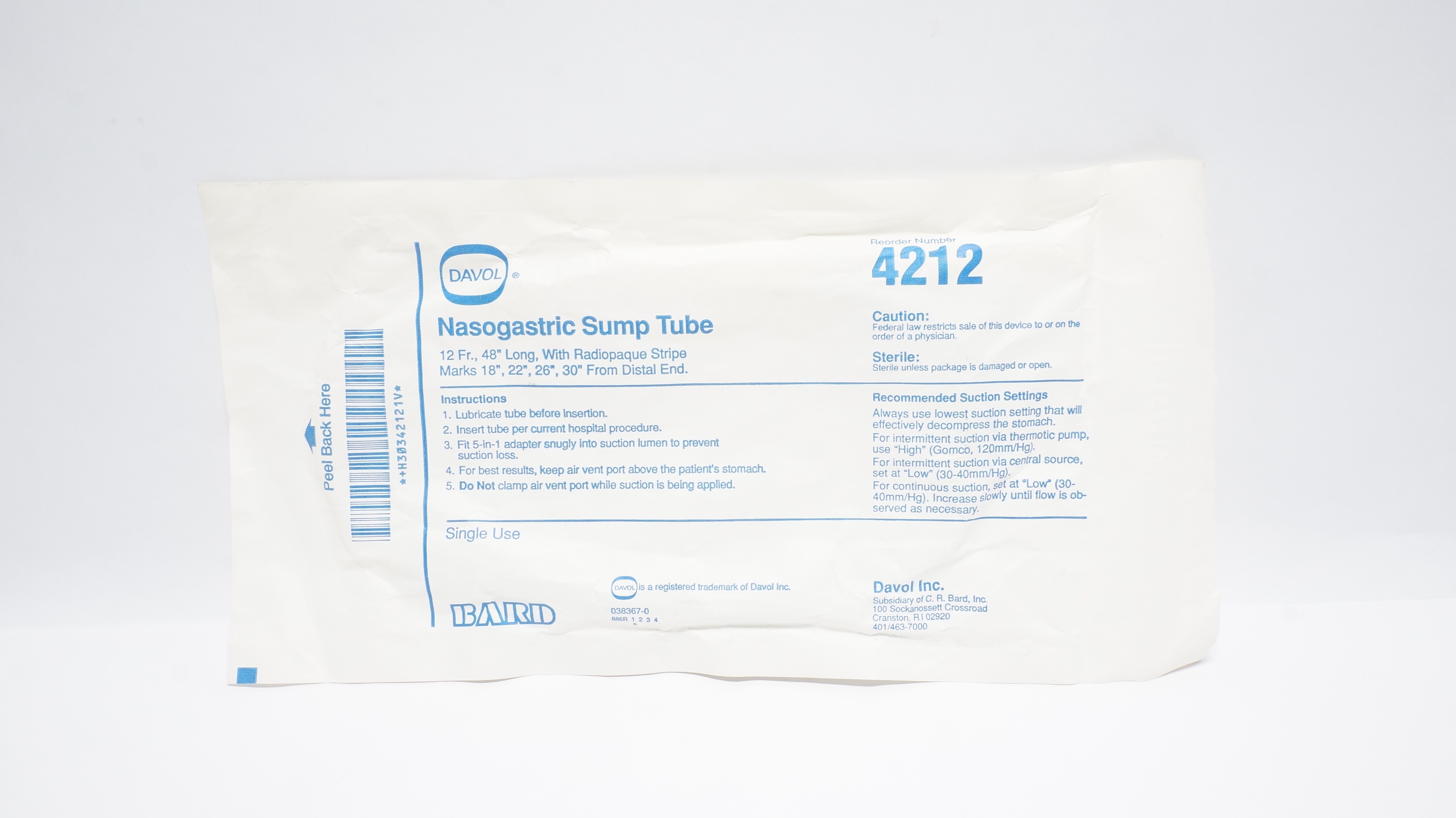 Bard 4212 Davol Nasogastric Sump Tube 12Fr. x 48In