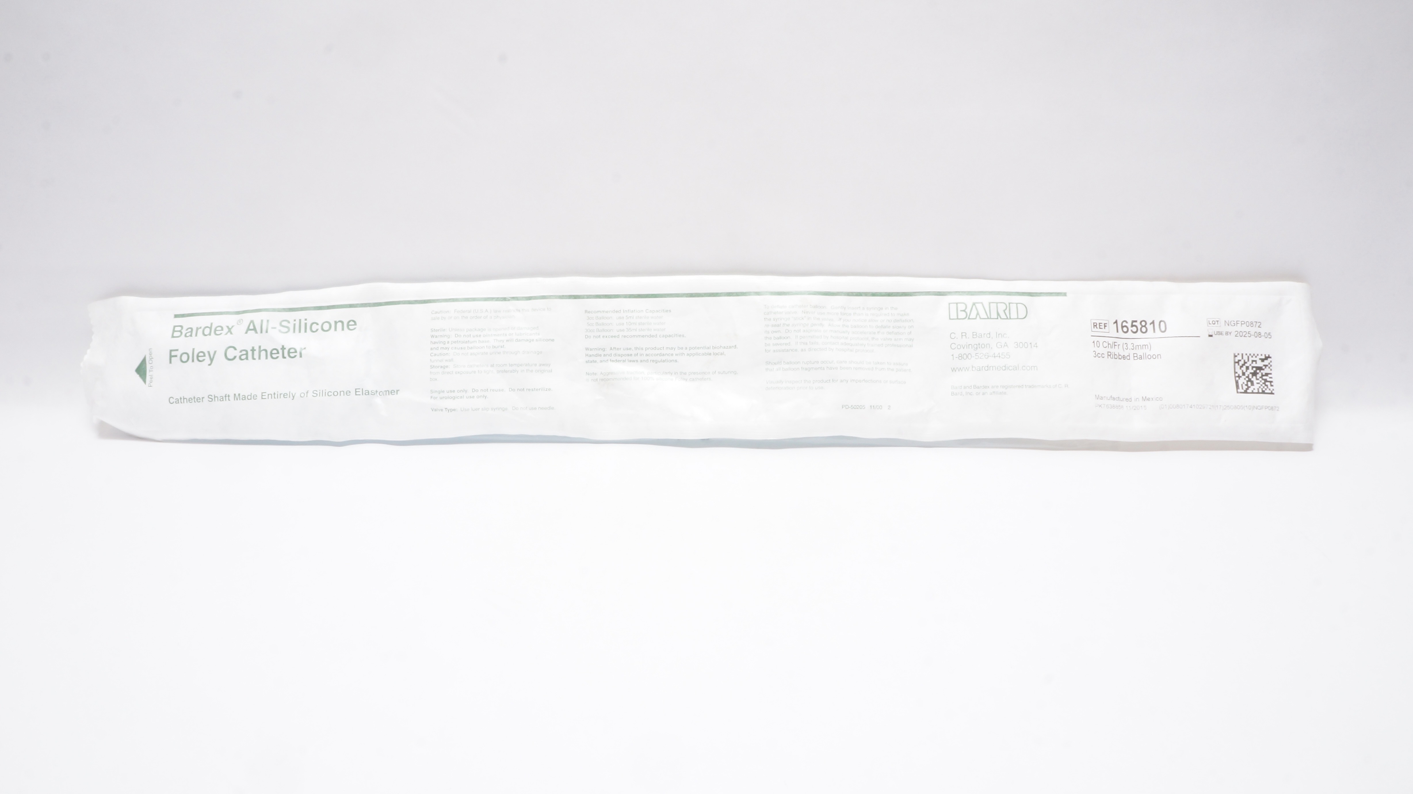 Bard 165810 Bardex All-Silicone Foley Cath. 10Ch/Fr 3cc Ribbed Balloon