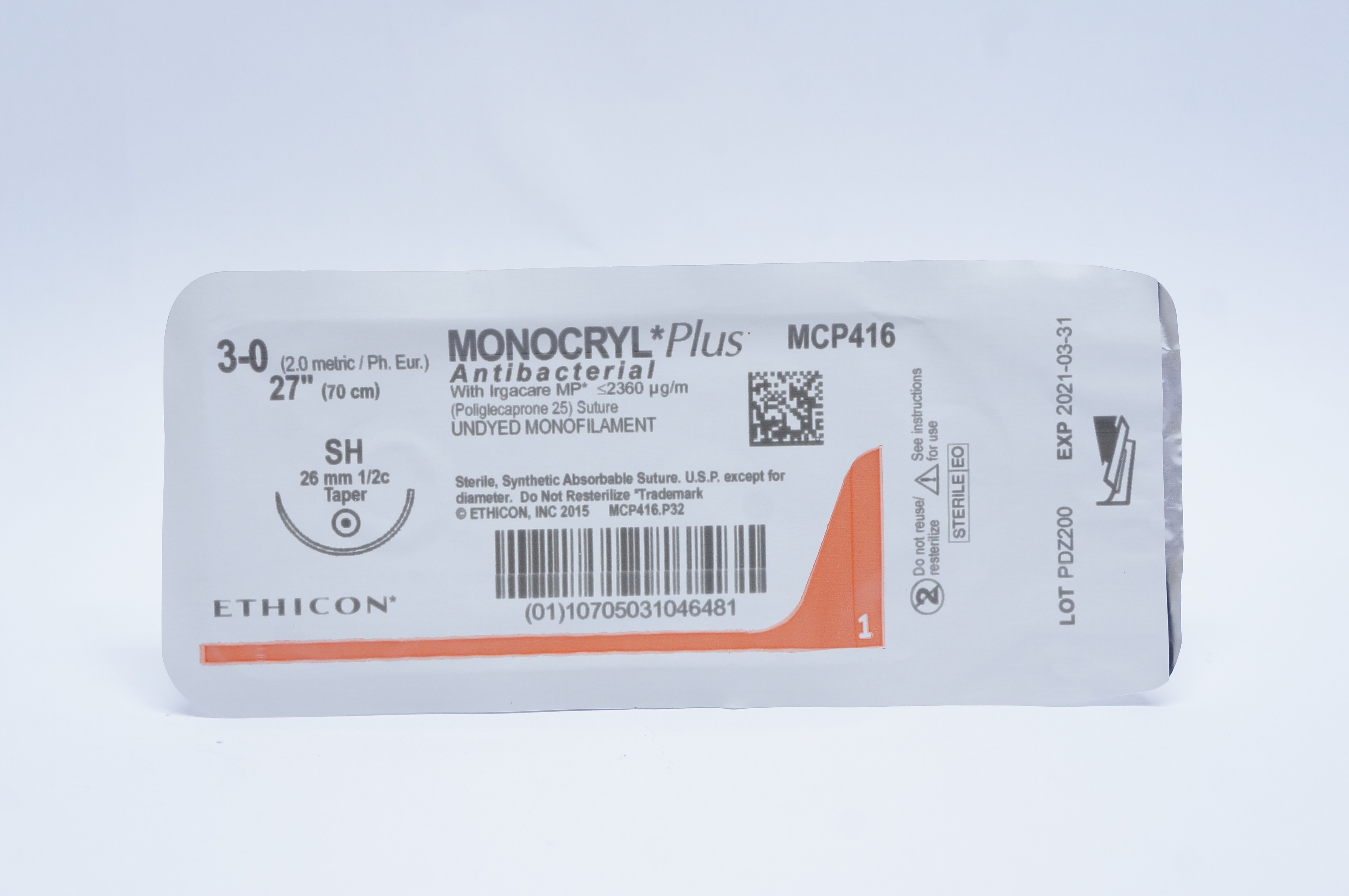 Ethicon MCP416 3-0 MONOCRYL Plus, SH, 26mm 1/2c Taper, 27inch