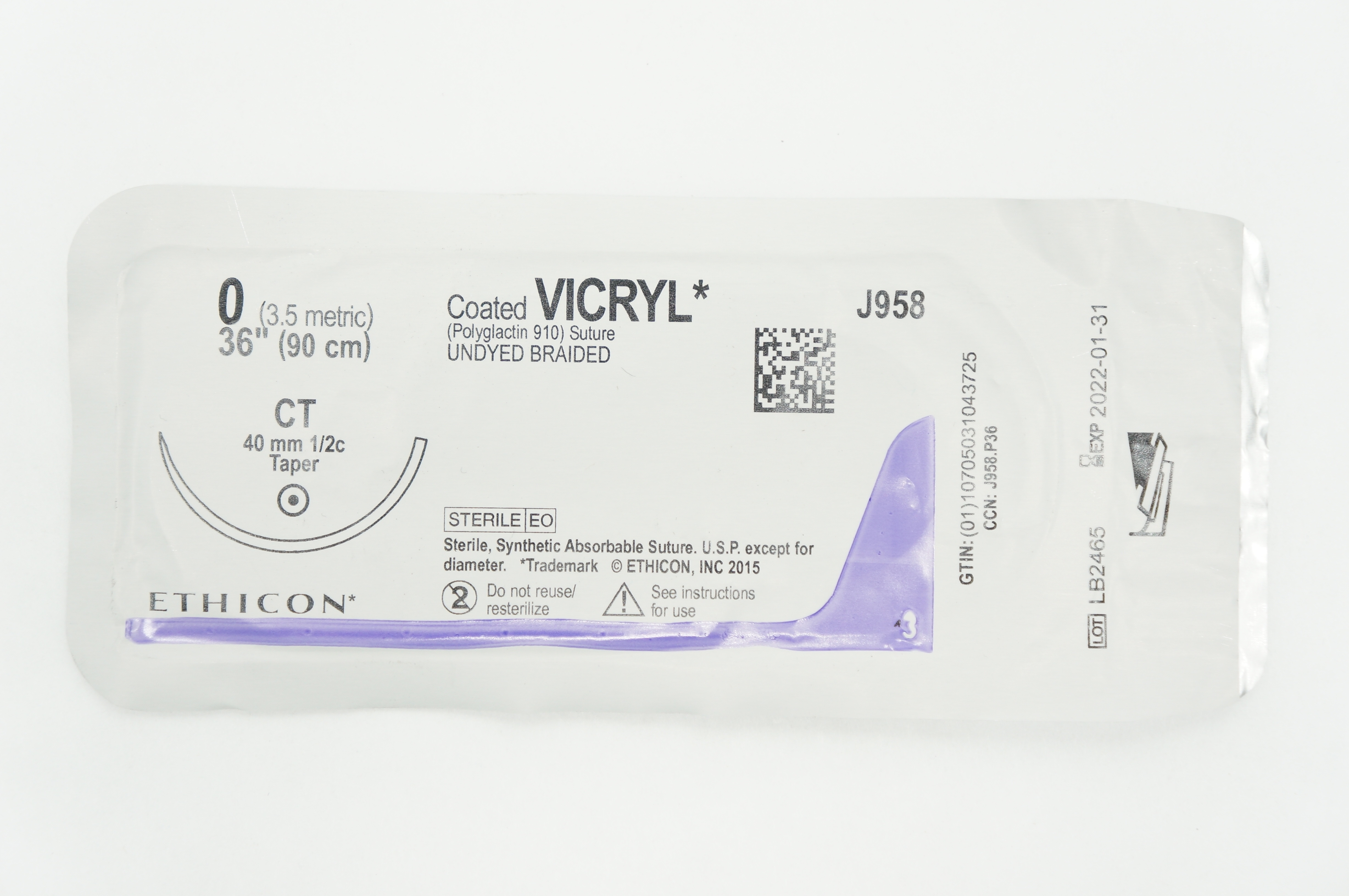 Ethicon J958 0 Vicryl CT 40mm 1/2c Taper 36 inch