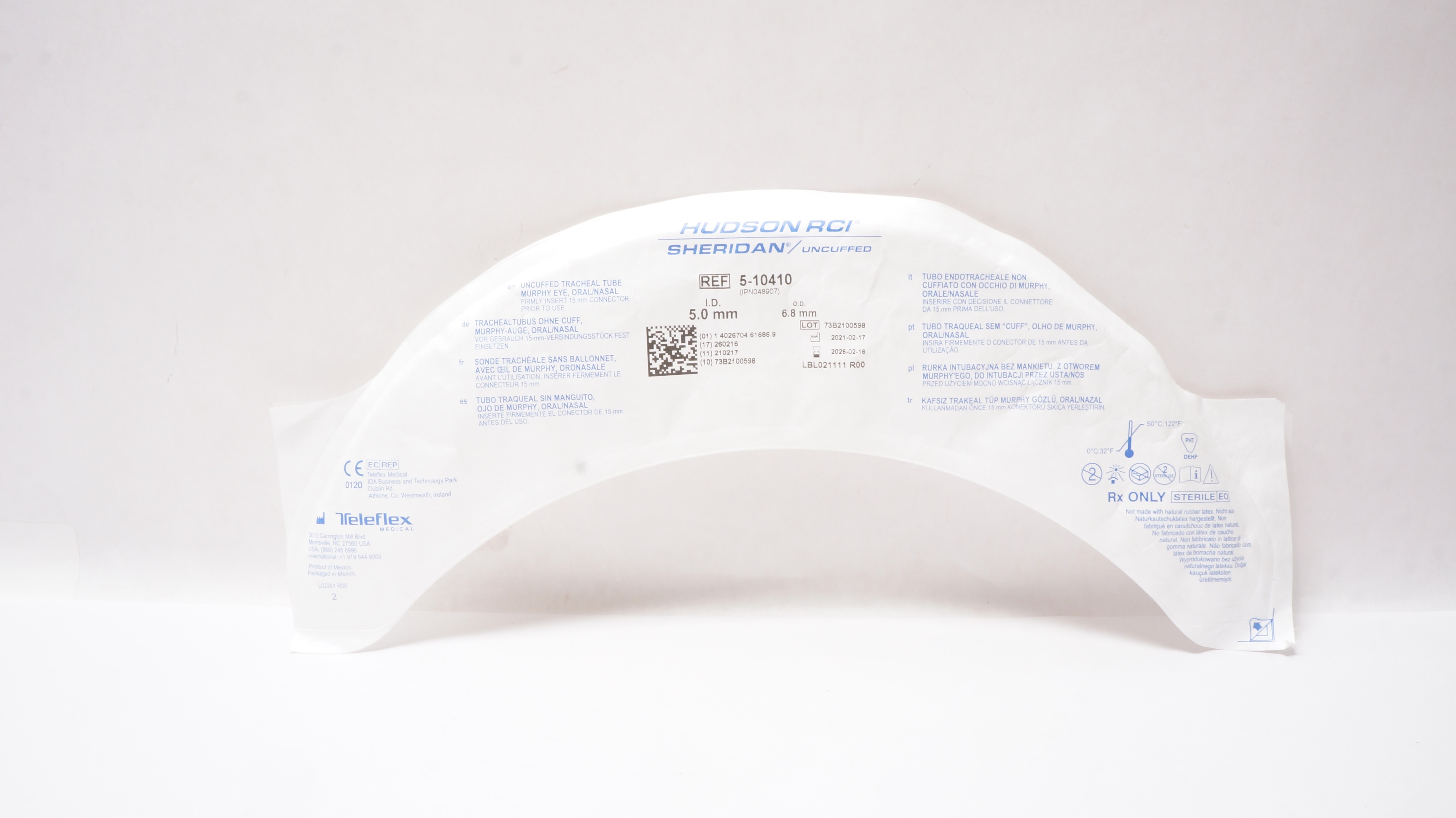 Teleflex 5-10410 Hudson RCI Sheridan Uncuffed Tube Endotracheal 5.0ID x ...