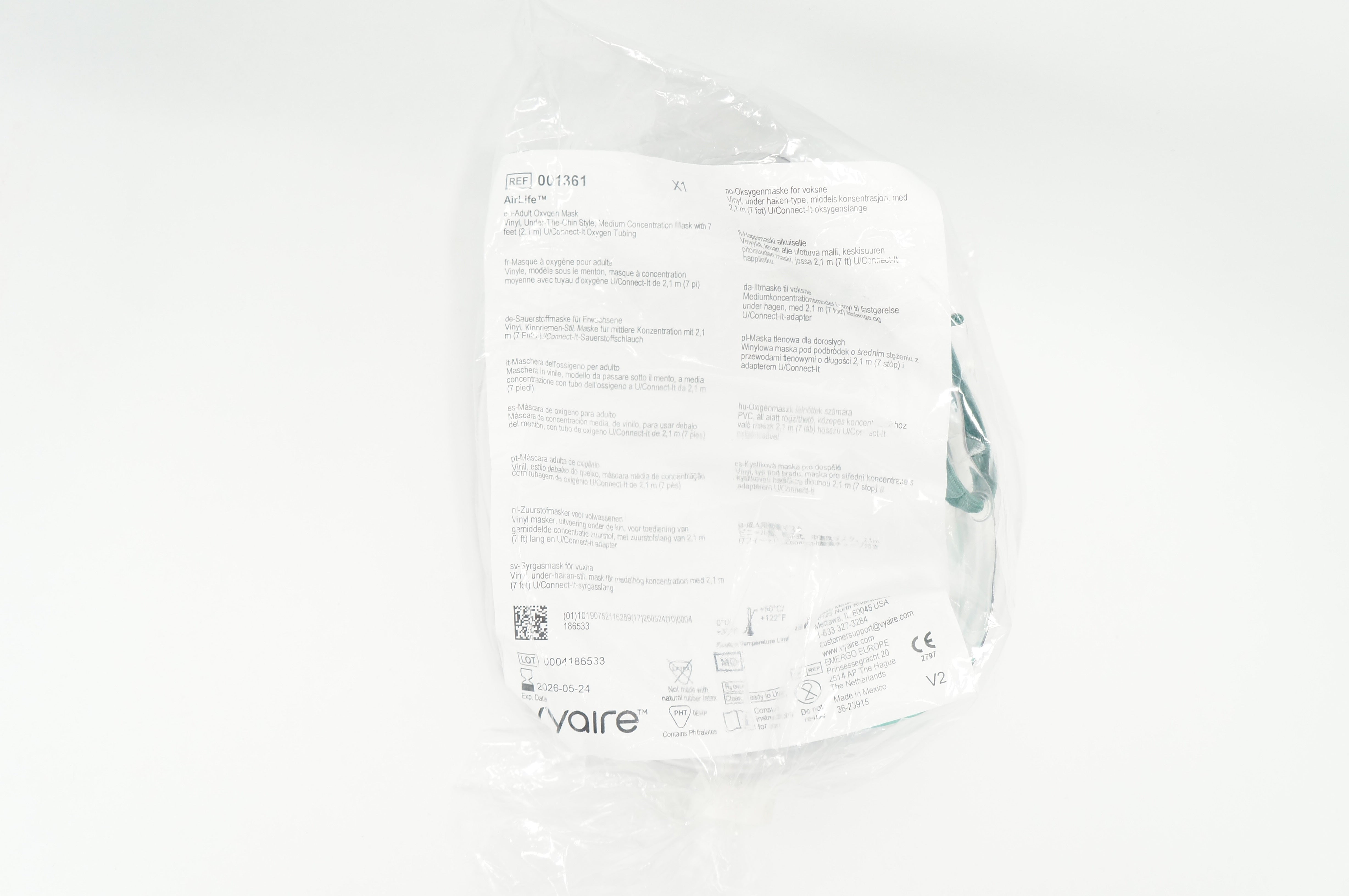 Vyaire 001361 AirLife Adult Oxygen Mask, Vinyl, Medium Concentration