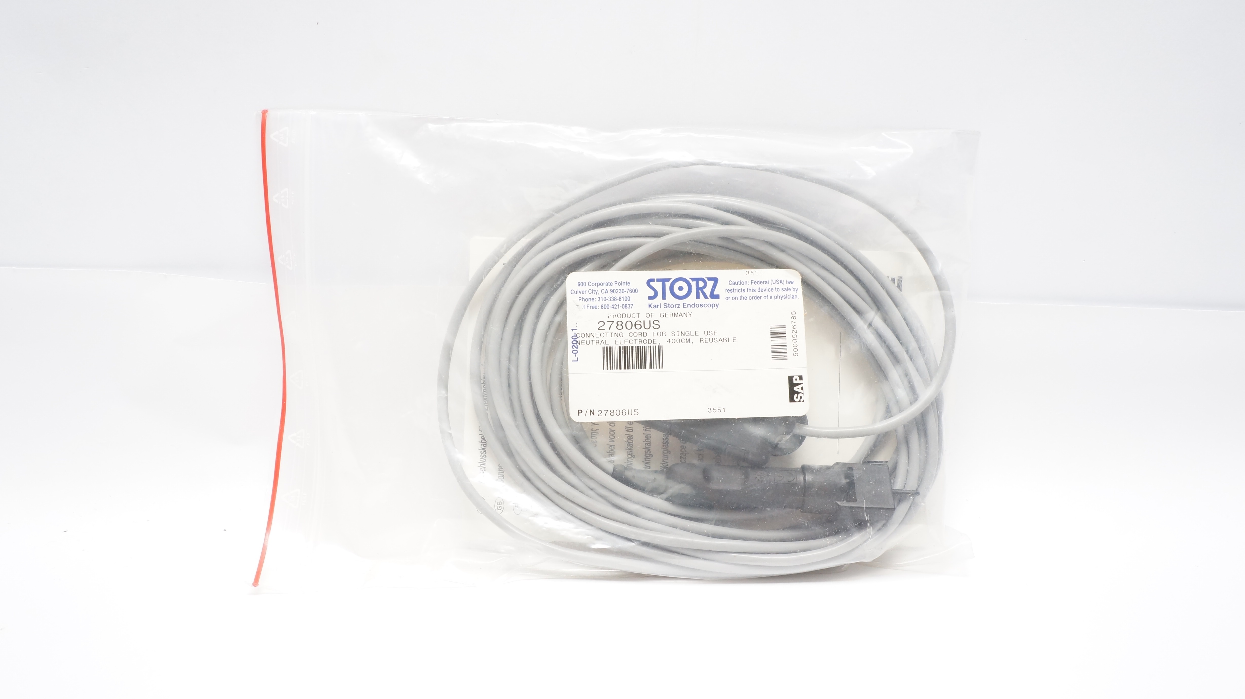 Karl Storz 27806US Connecting Cord,Single Use,Neutral Electrode, 400cm ...