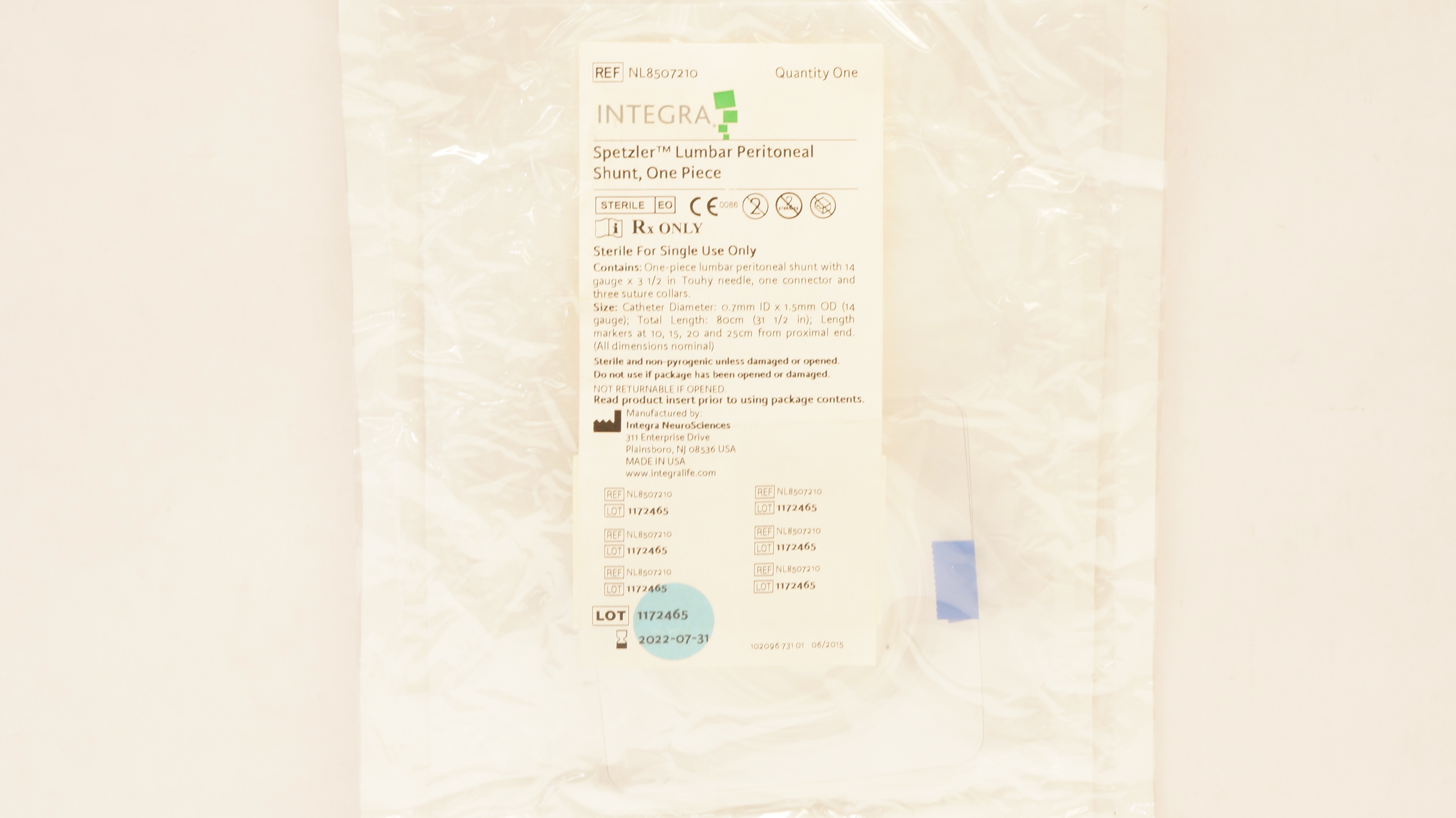 Integra NL8507210 Spetzler Lumbar Peritoneal Shunt, w/Ndle 14Ga x 3-1 ...