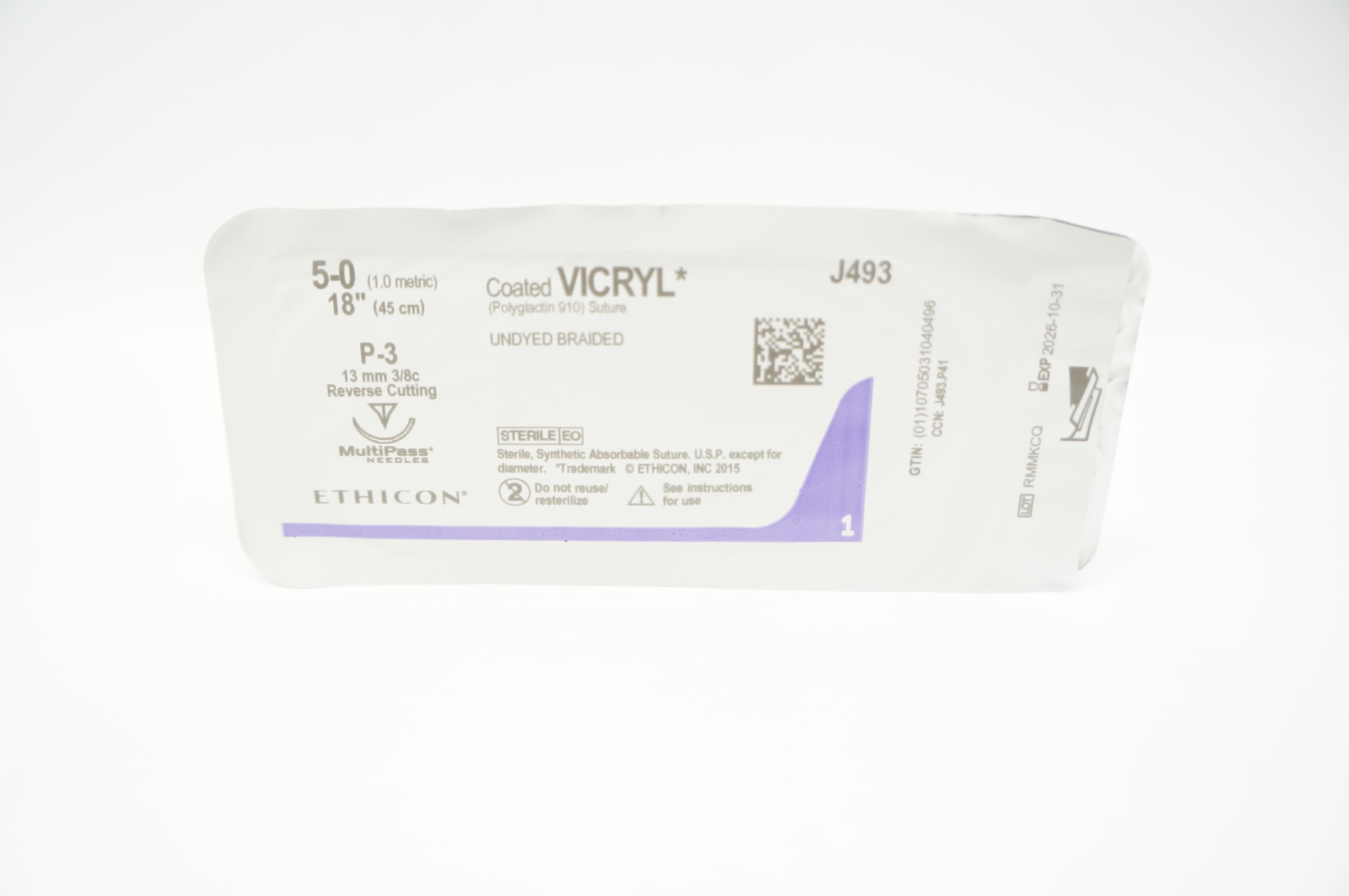 Ethicon J493 5-0 Coated VICRYL Stre P-3 13mm 3/8c Reverse Cutting, 18inch