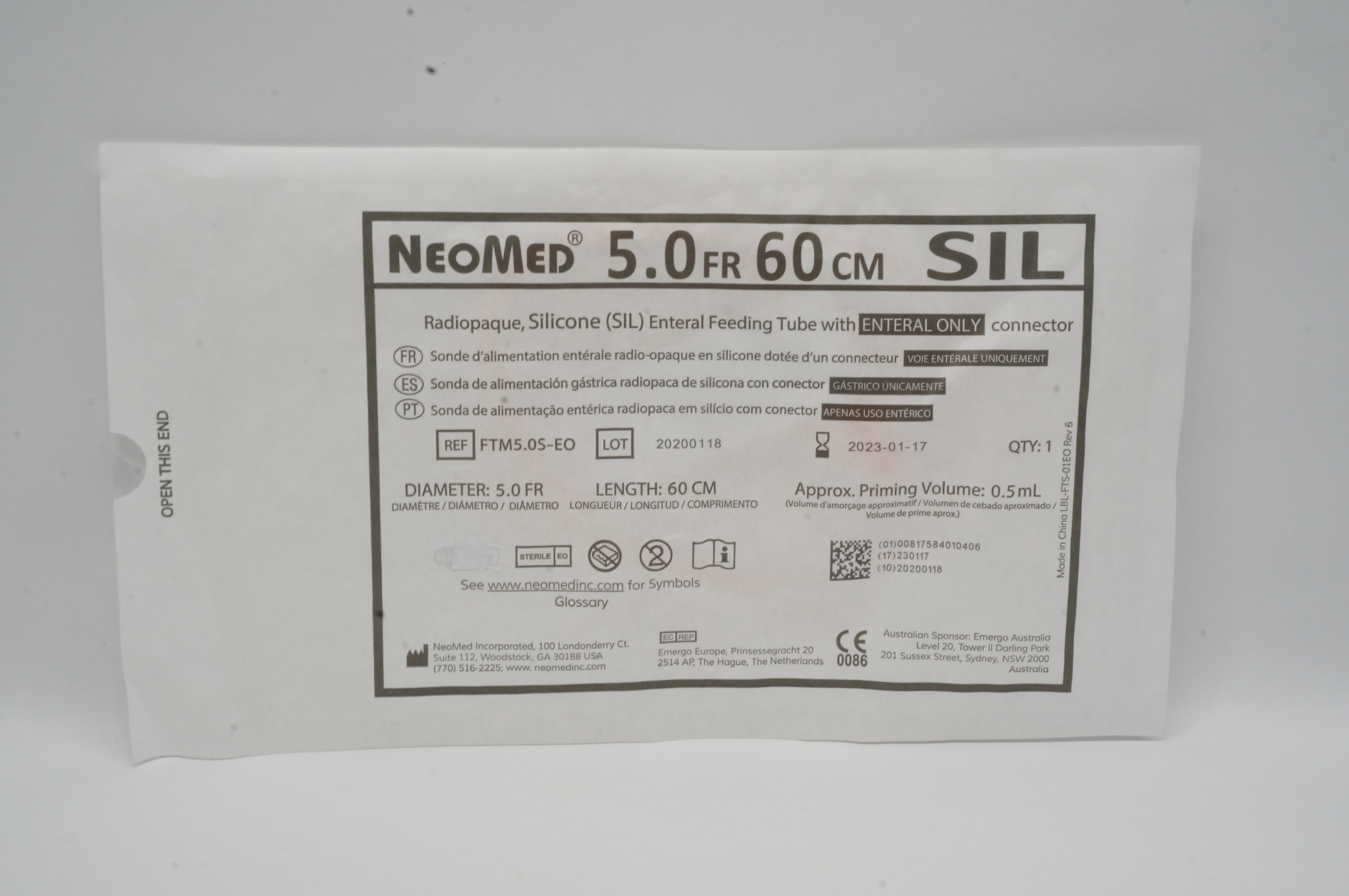 NeoMed FTM5.0S-EO Radiopaque, Silicone Enteral Feeding Tube 5.0Fr. x ...