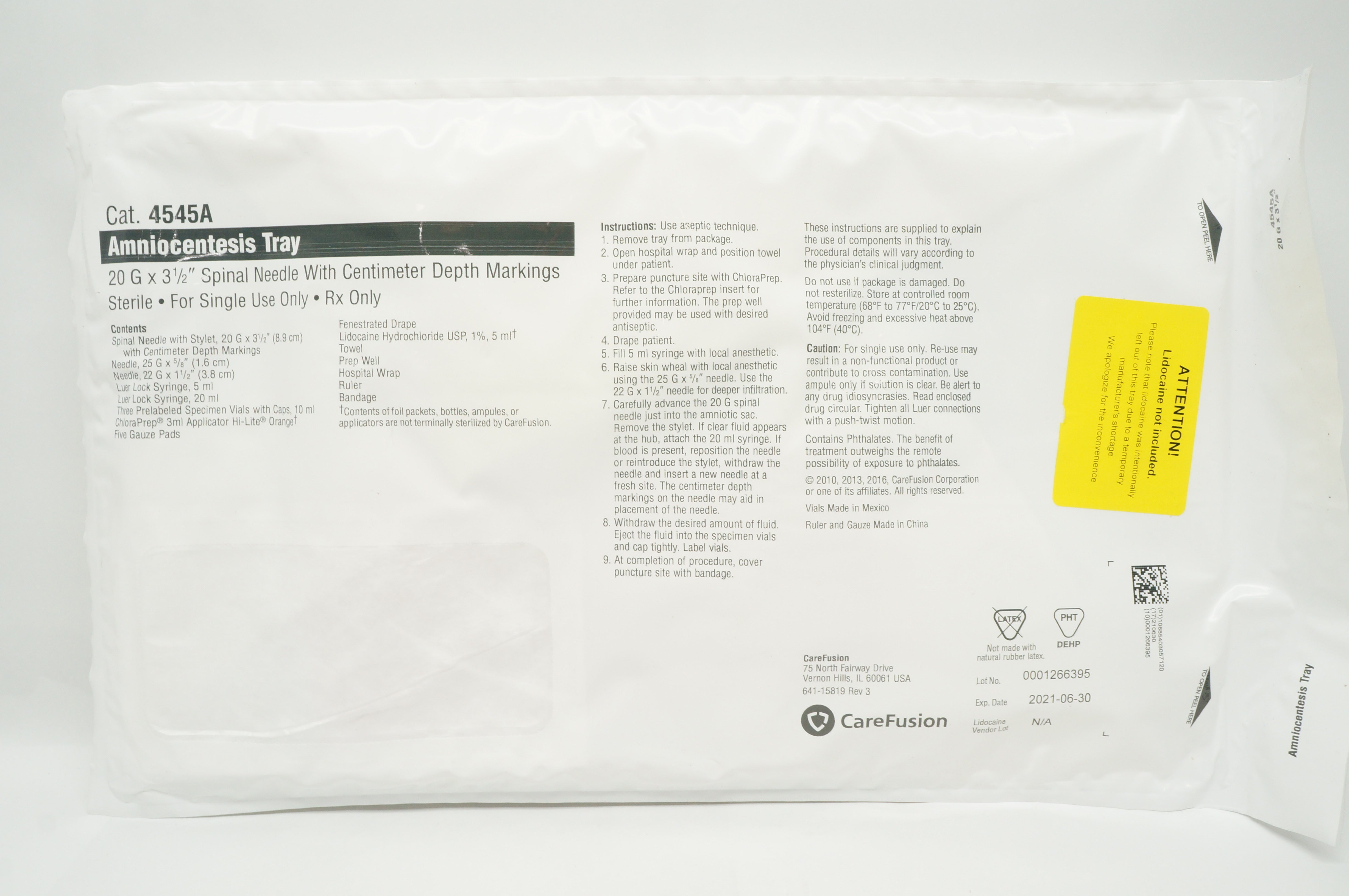 CareFusion 4545A Amniocentesis Tray With Spinal Ndle 20 G x 3 1/2 inch (x)