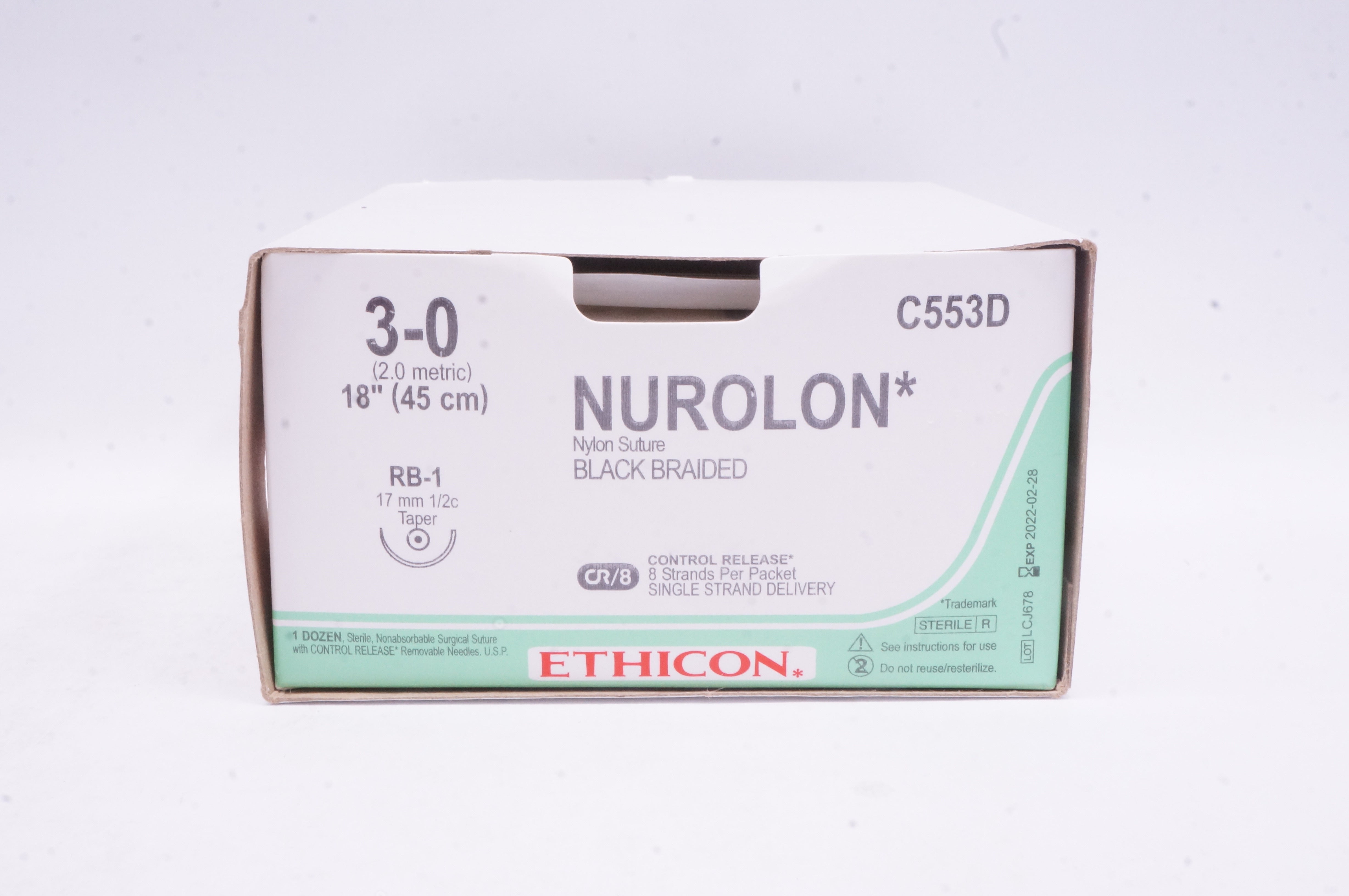 Ethicon C553D 3-0 NUROLON, RB-1, 17mm 1/2c Taper, 18inch - Box of 11