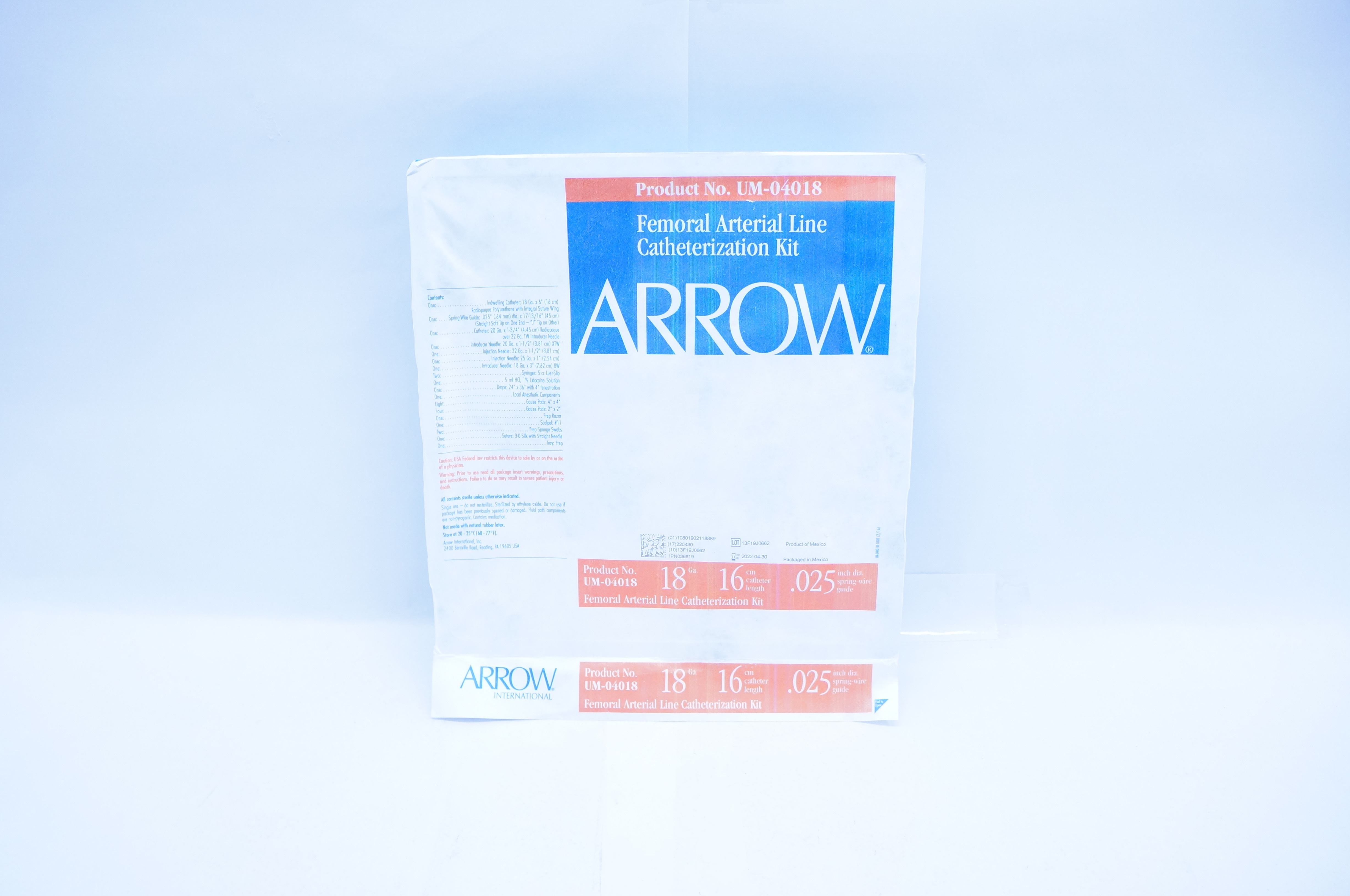Arrow UM-04018 Femoral Arterial Line Cath. Kit 18Ga x 16cm x .025inch