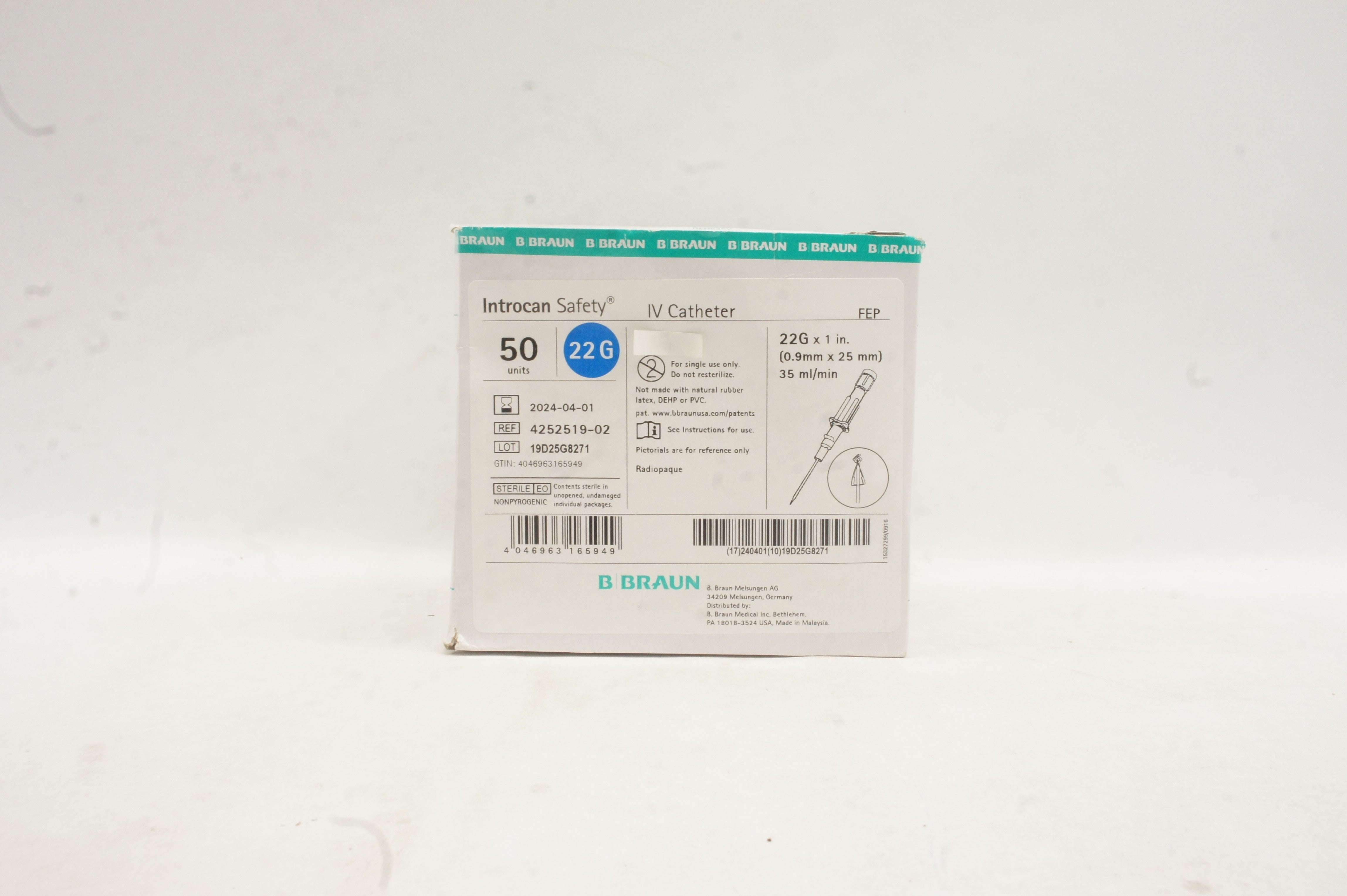 B.Braun 4252519-02 Safety IV Cath. 22G x 1inch x 35ml/min - Box of 50