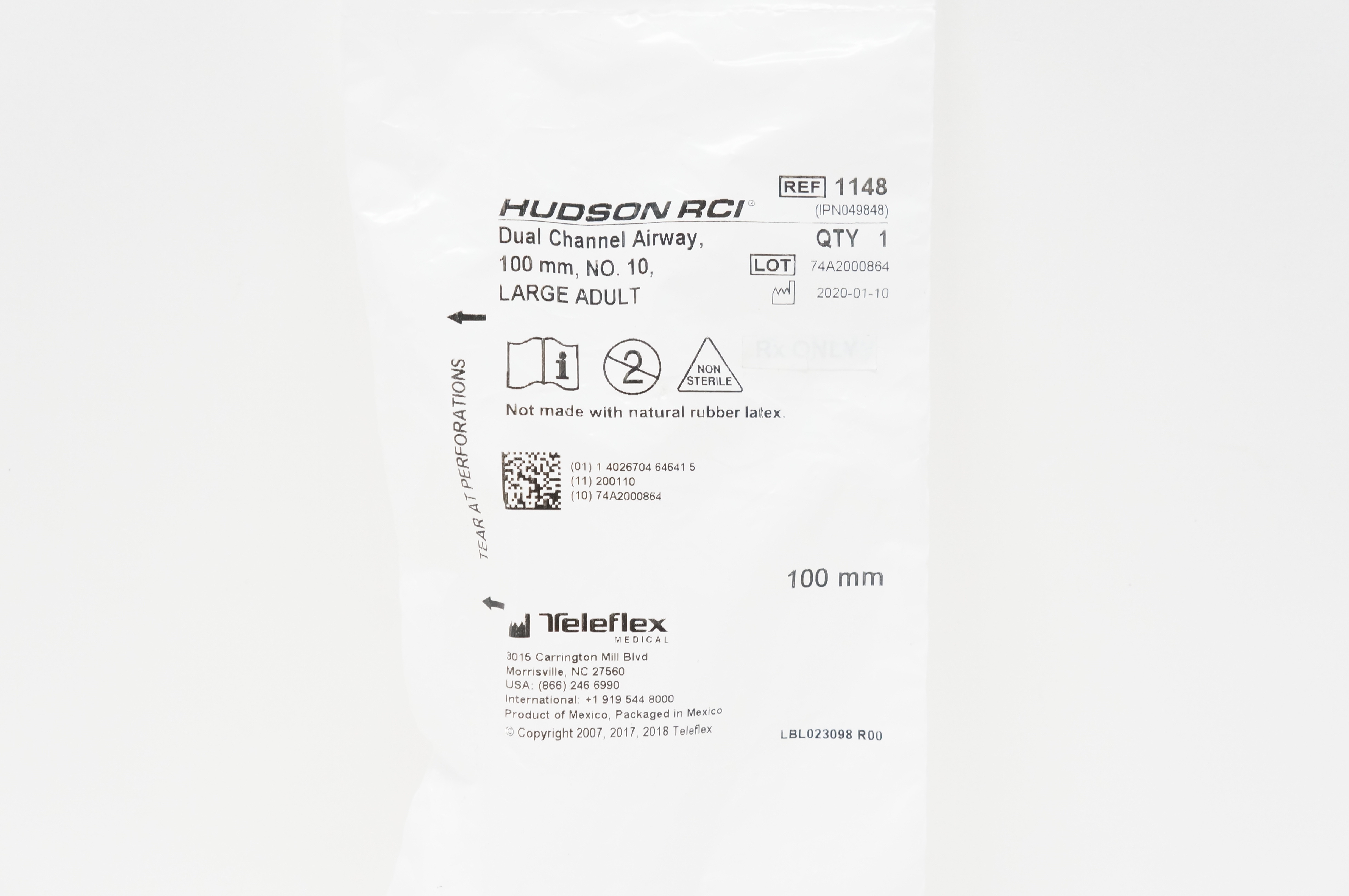 Teleflex 1148 Hudson RCI Dual Channel Airway 100 mm, NO.10, Large Adult