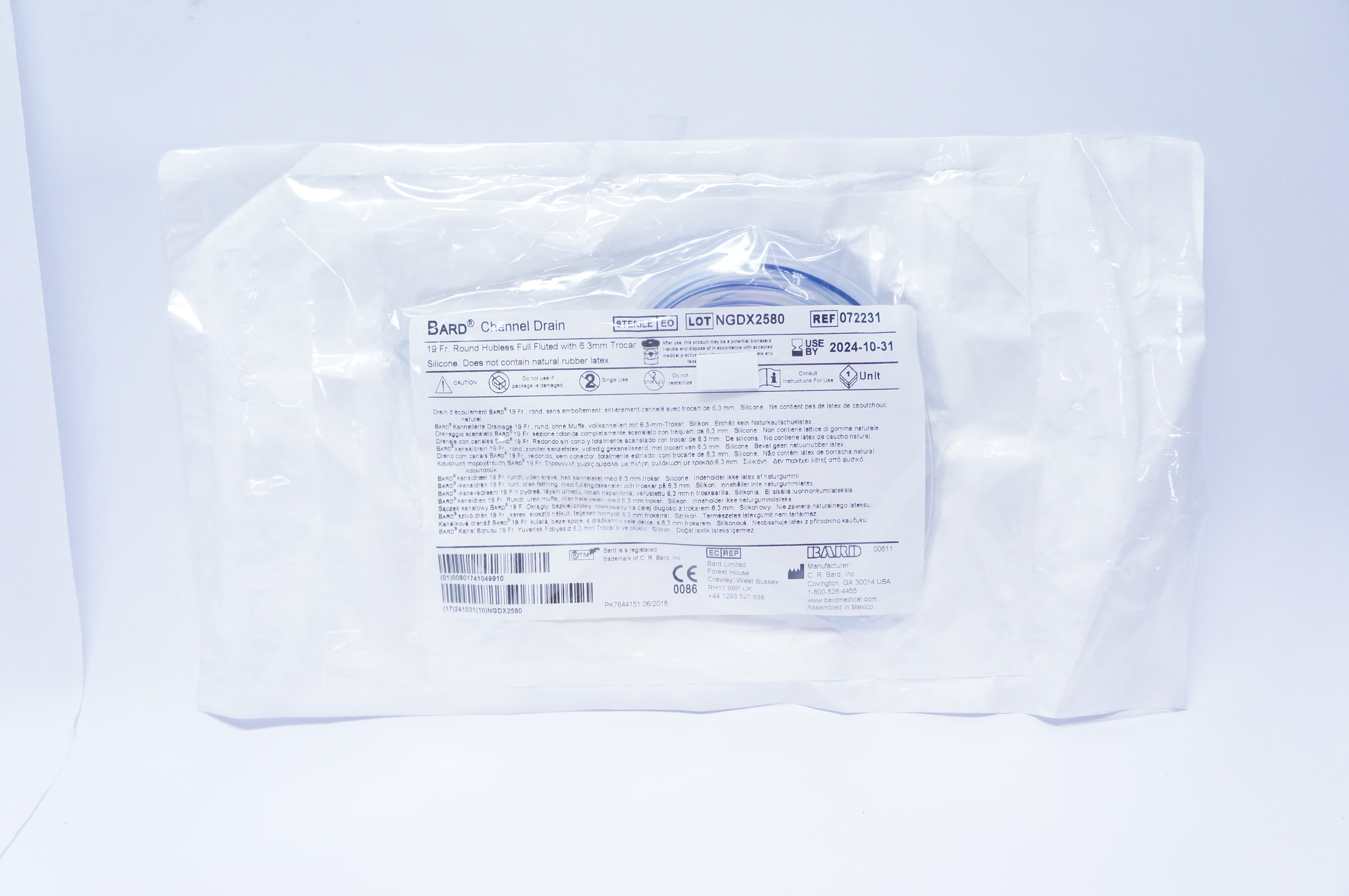 Bard 072231 Channel Drain 19 Fr. Round Hubless Fluted With 6.3mm Trocar ...