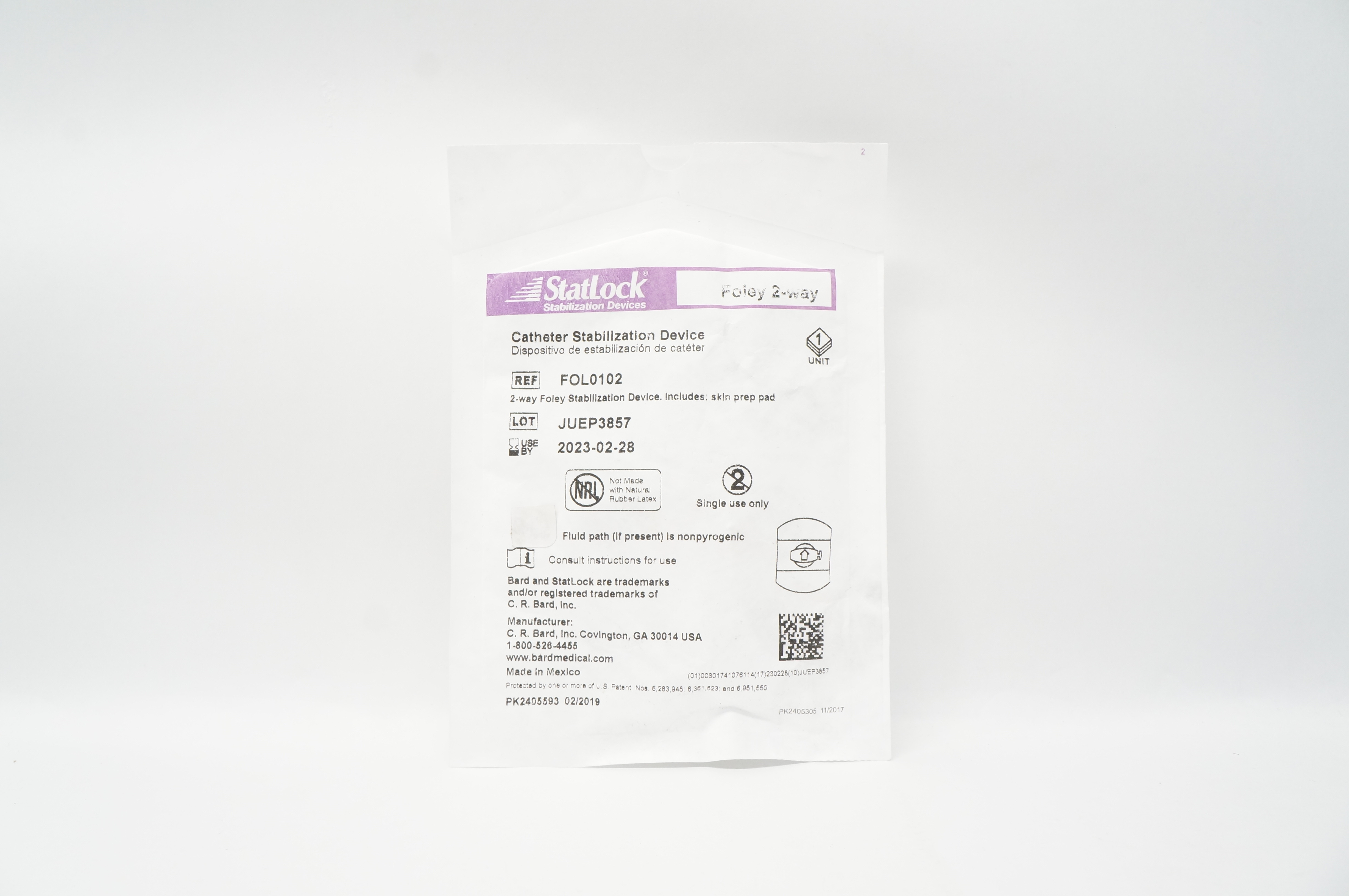 Bard FOL0102 StatLock Cath. Stabilization Device Foley 2-way