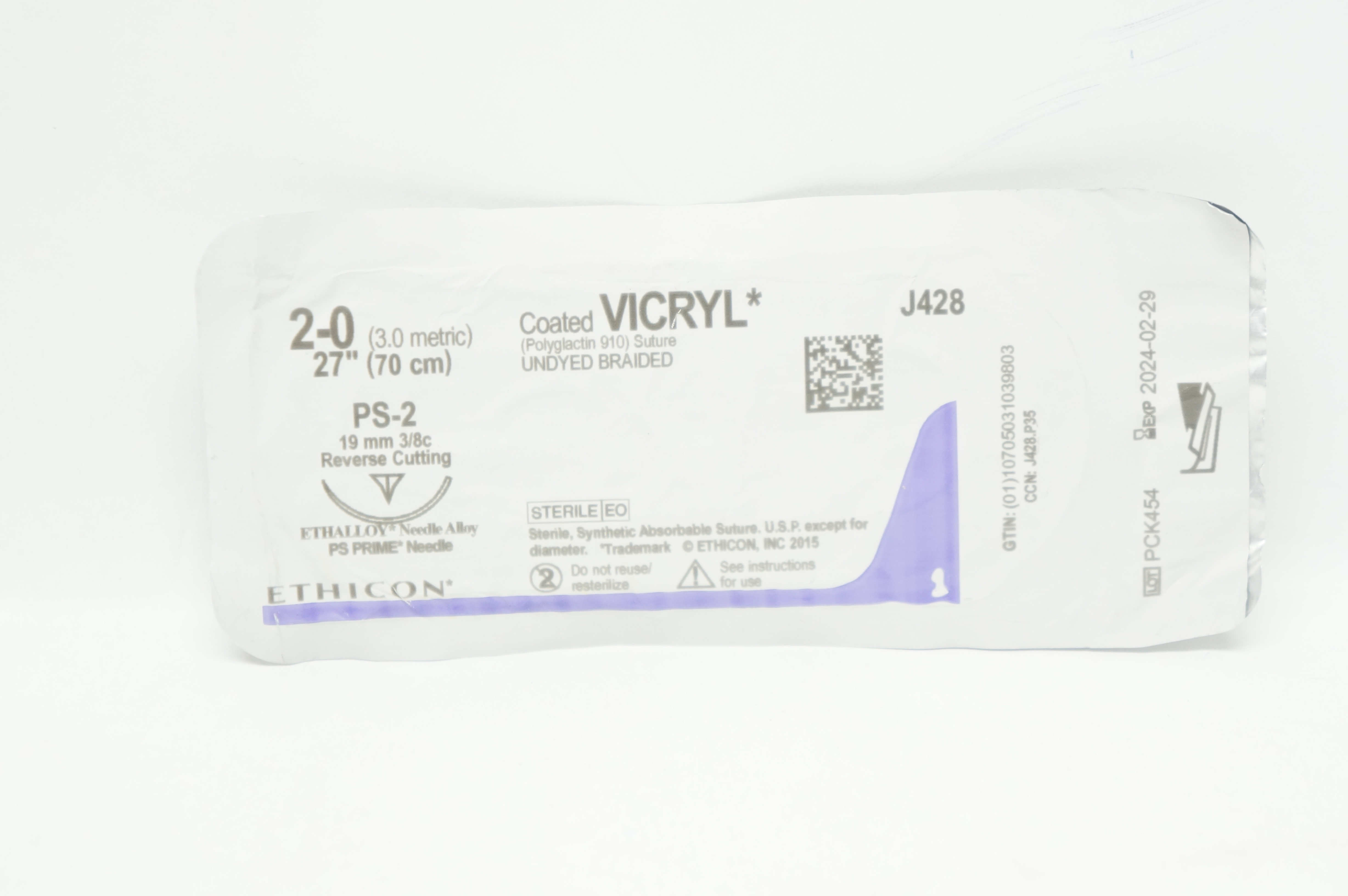Ethicon J428 2-0 Coated Vicryl Stre PS-2 19mm 3/8c Reverse Cutting, 27inch