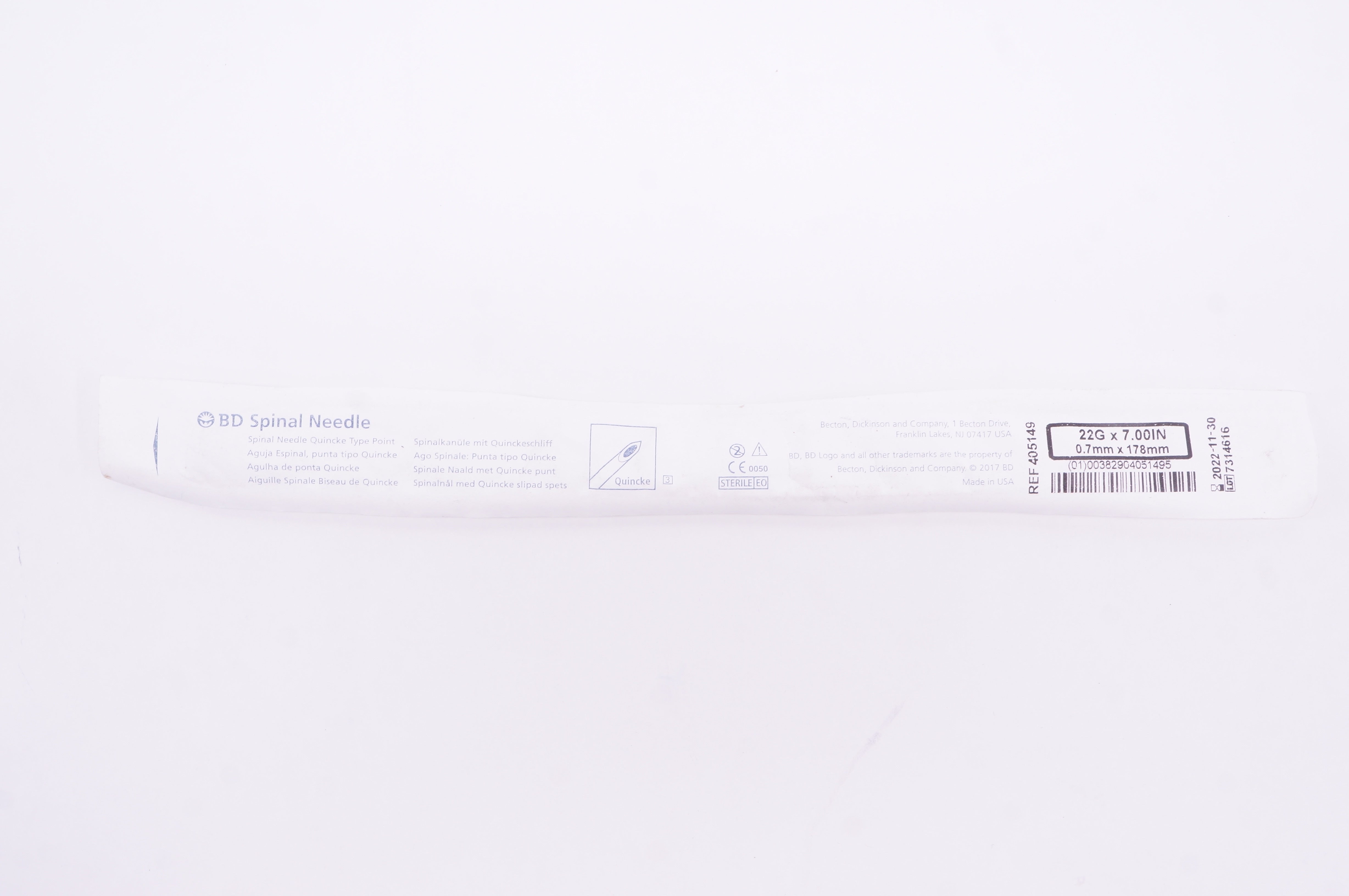 BD 405149 Spinal Ndle Quincke Type Point 22G x 7.00 inch