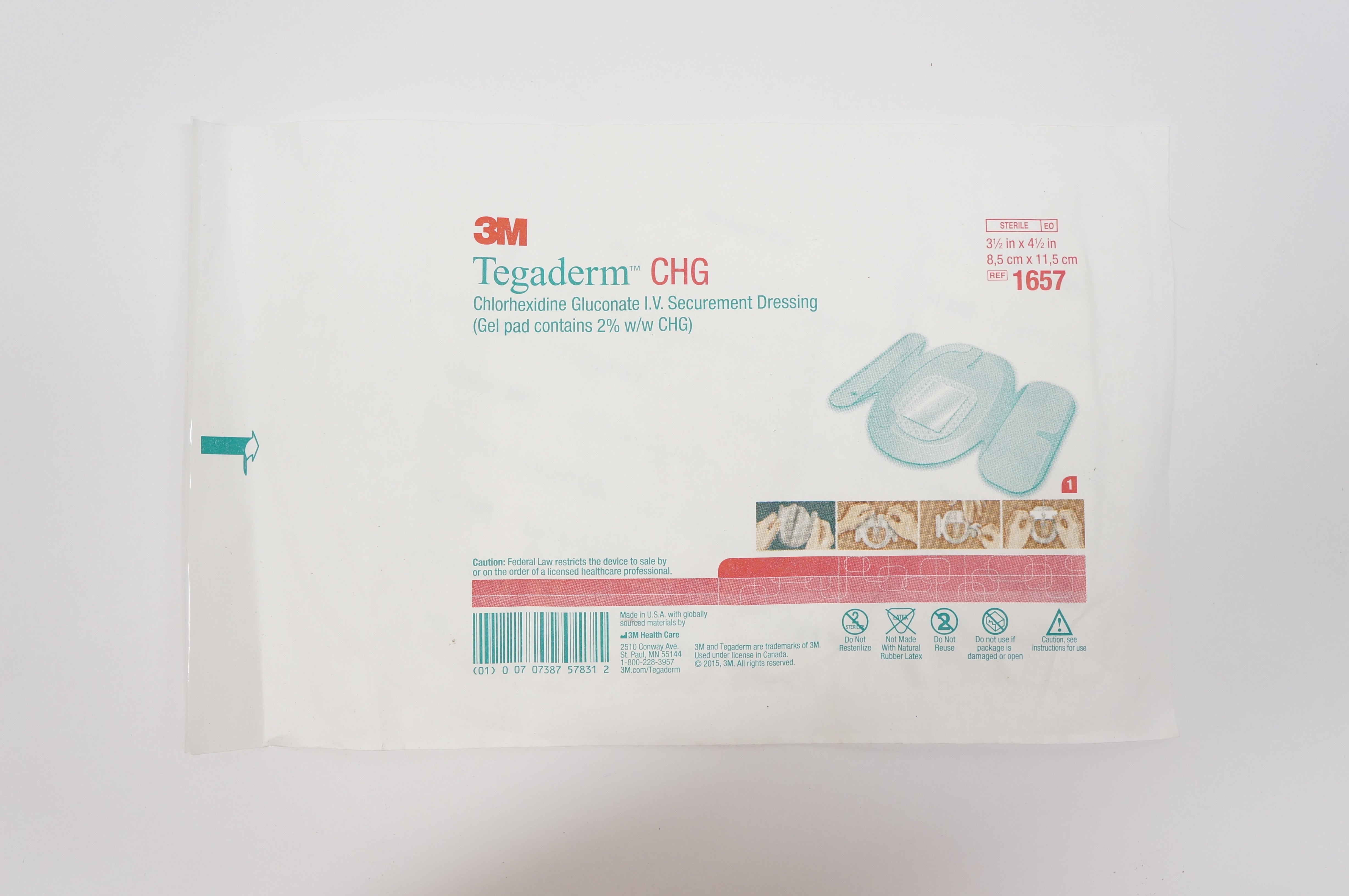 3M 1657 Tegaderm CHG Chlorhexidine Gluconate I.V. Dressing 3 1/2 x 4 1 ...