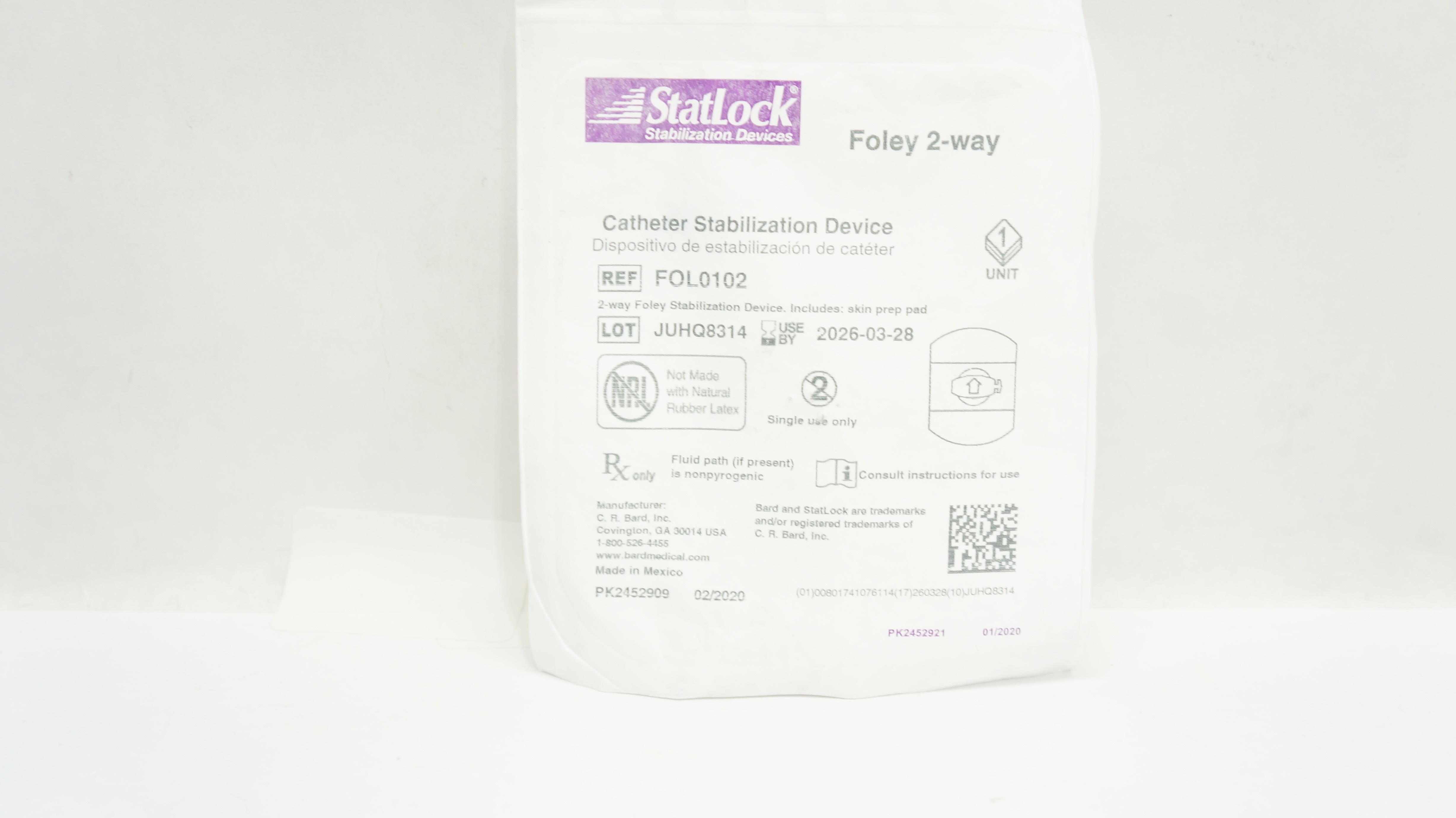 Bard FOL0102 Statlock Cath. Stabilization Device, Foley 2-Way