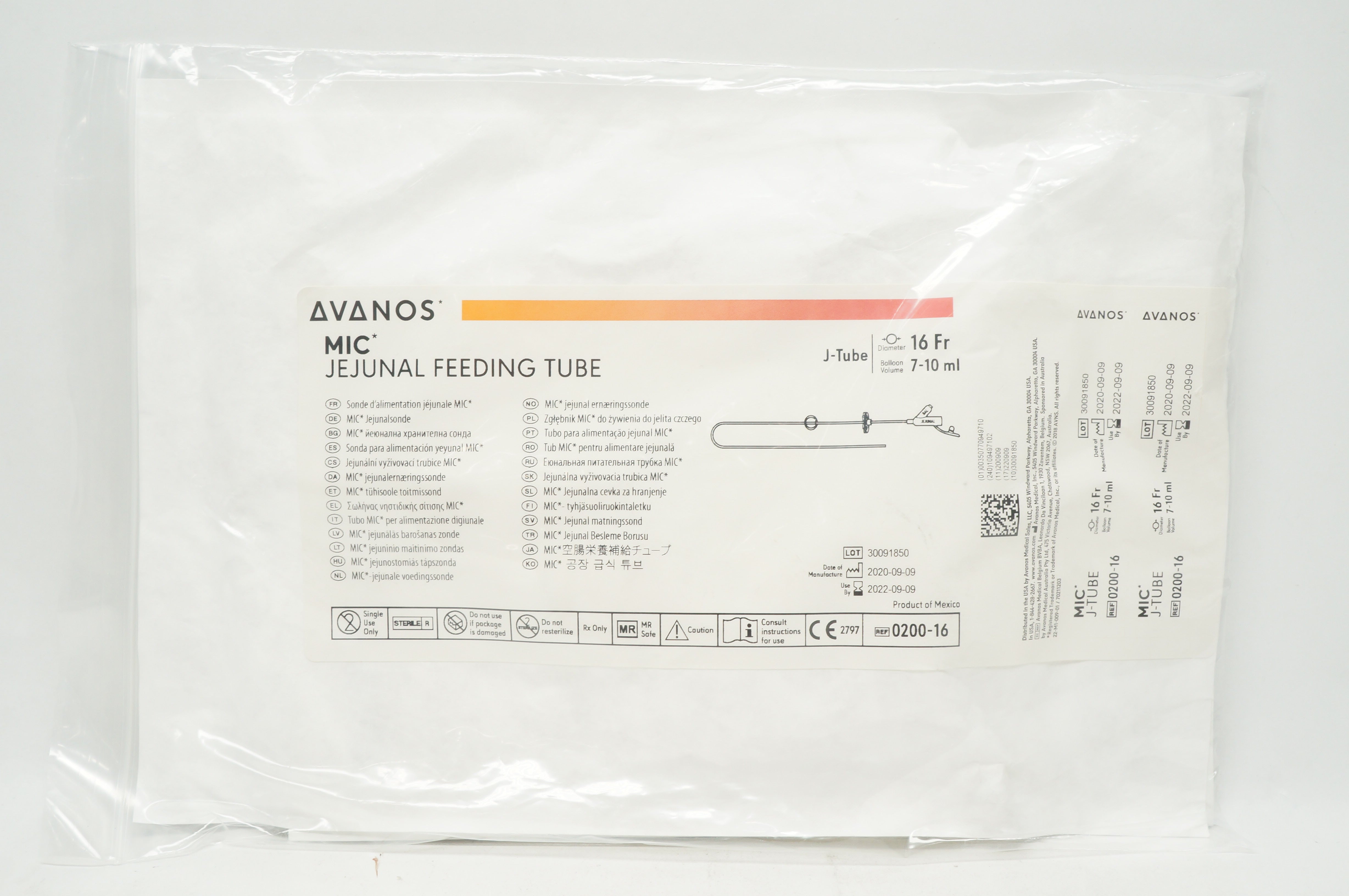 Avanos 0200-16 MIC Jejunal Feeding Tube J-Tube 16Fr x 7-10 ml