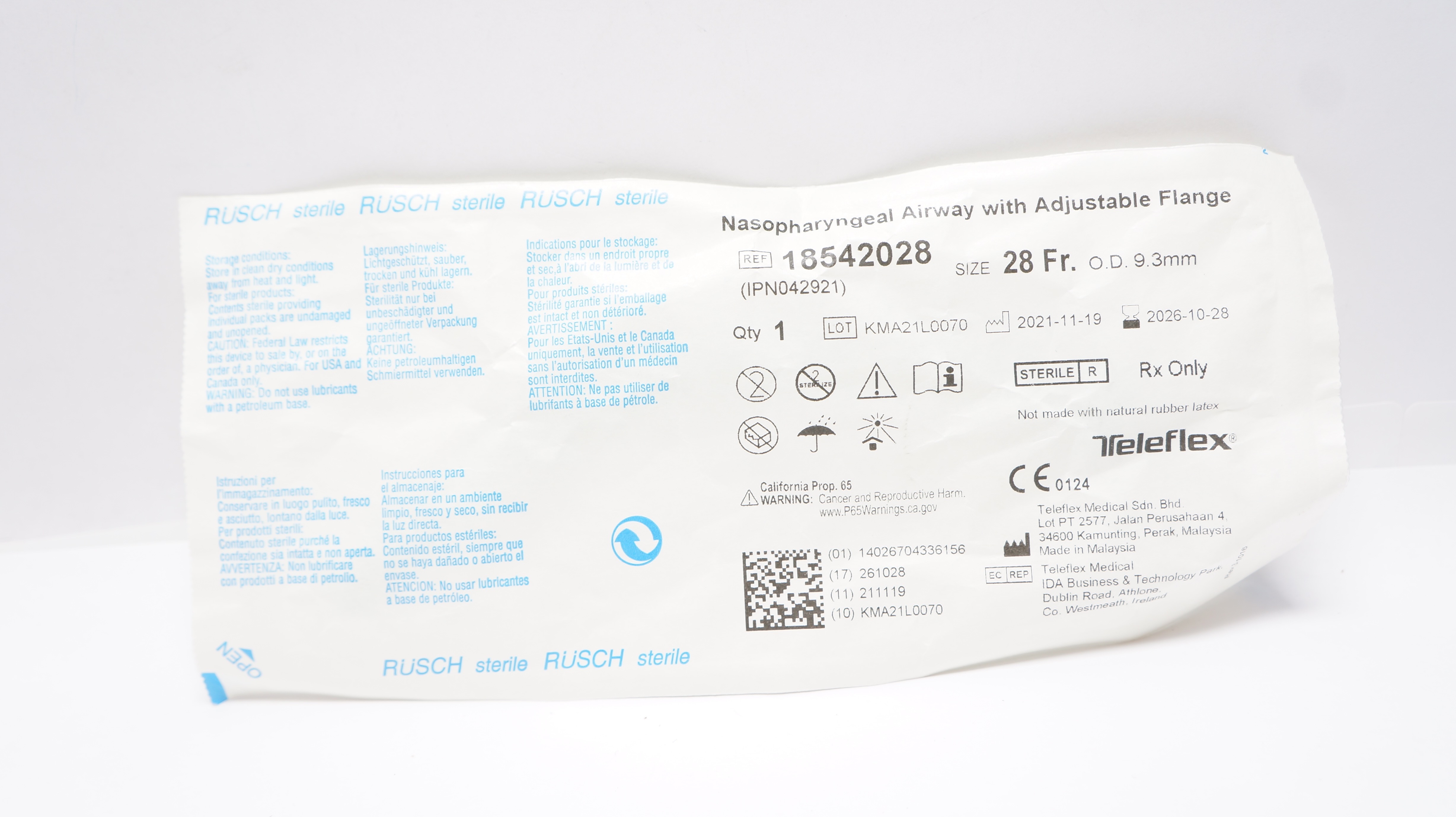 Teleflex 18542028 Nasopharyngeal Airway With Adjustable Flange 28Fr x 9 ...