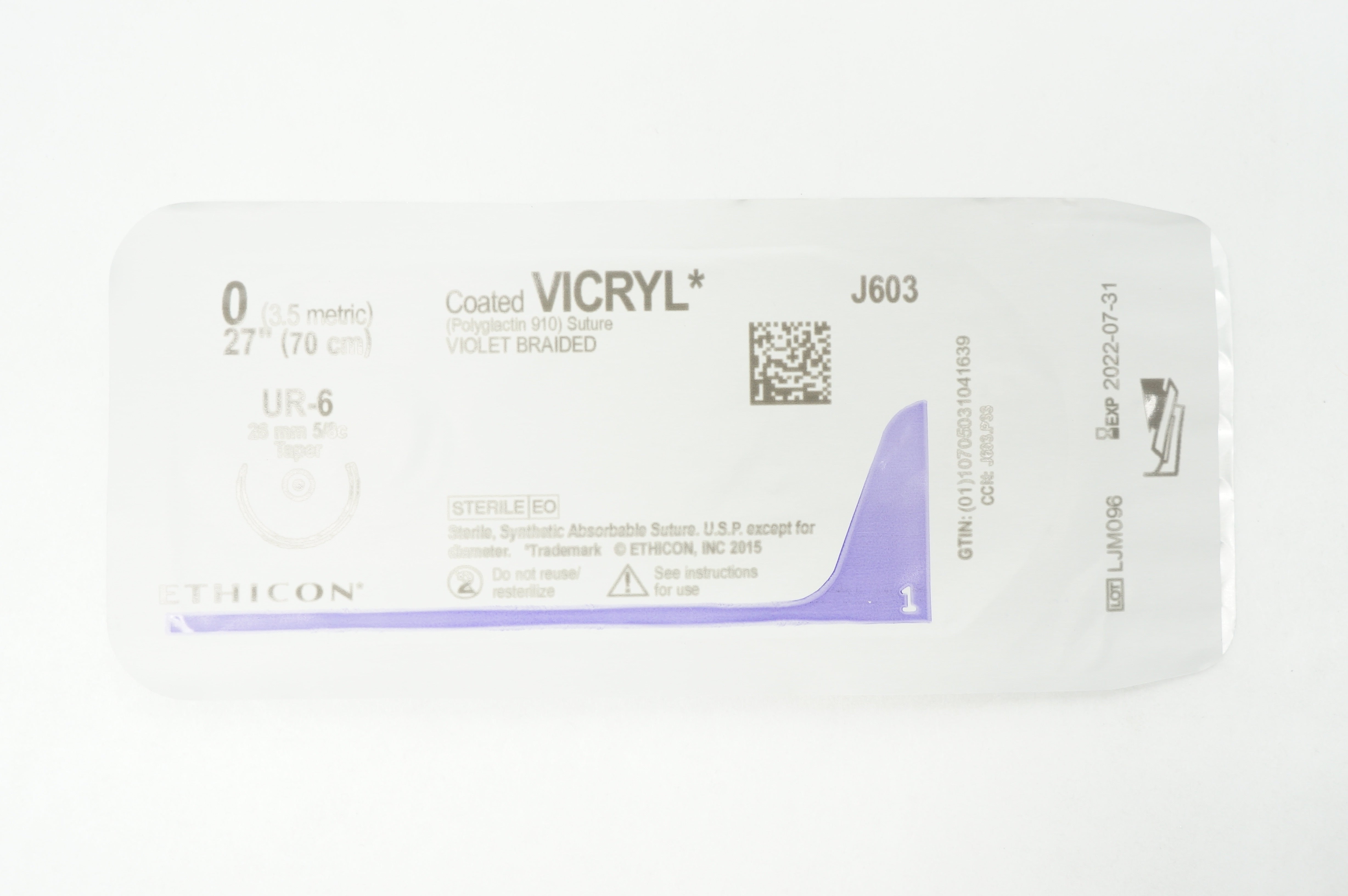Ethicon J603 0 VICRYL, UR-6 26mm 5/8c Taper, 27 inch