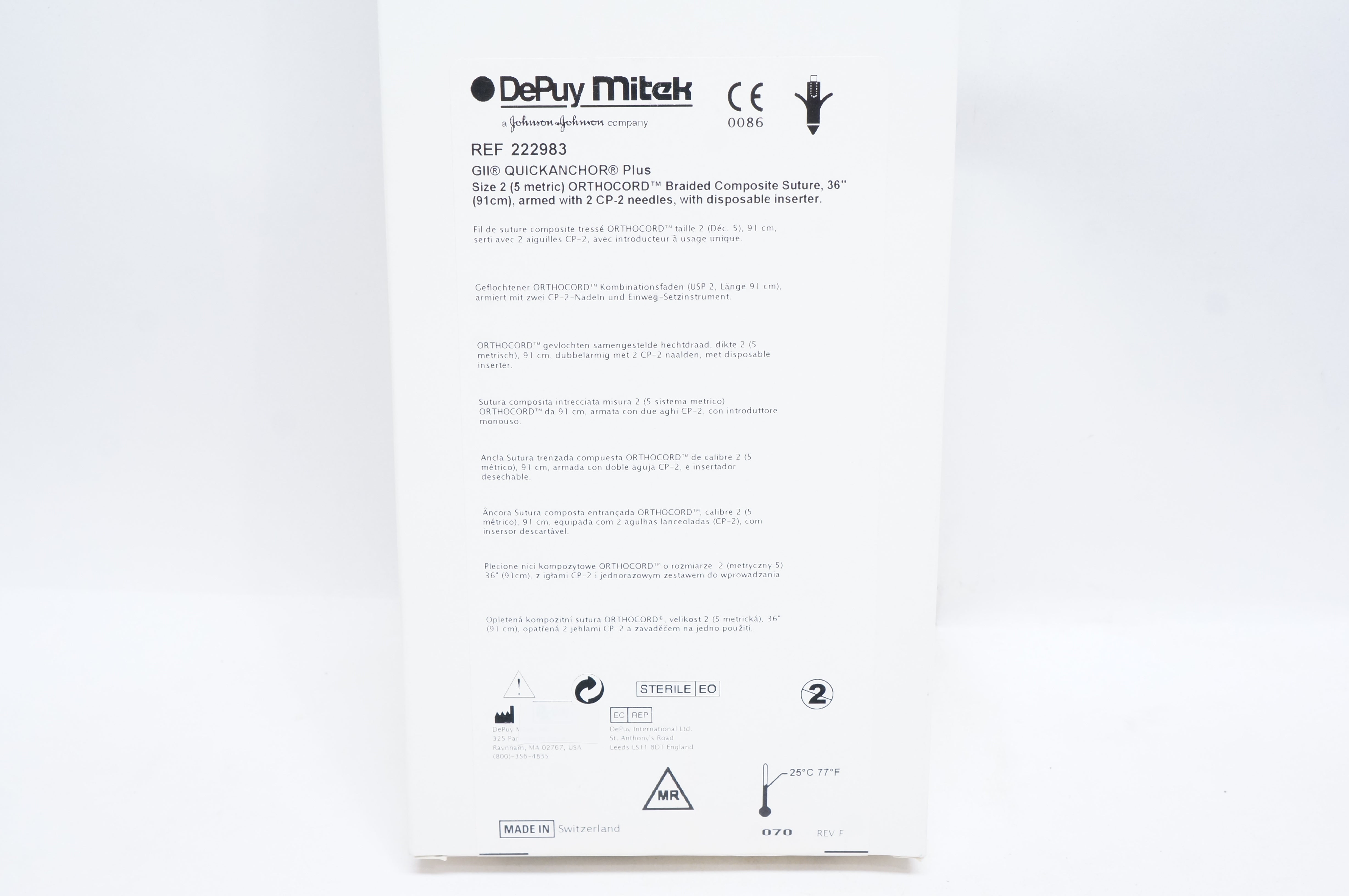 DePuy Mitek 222983 GII QUICKANCHOR Plus, Size 2 ORTHOCORD Braided ...