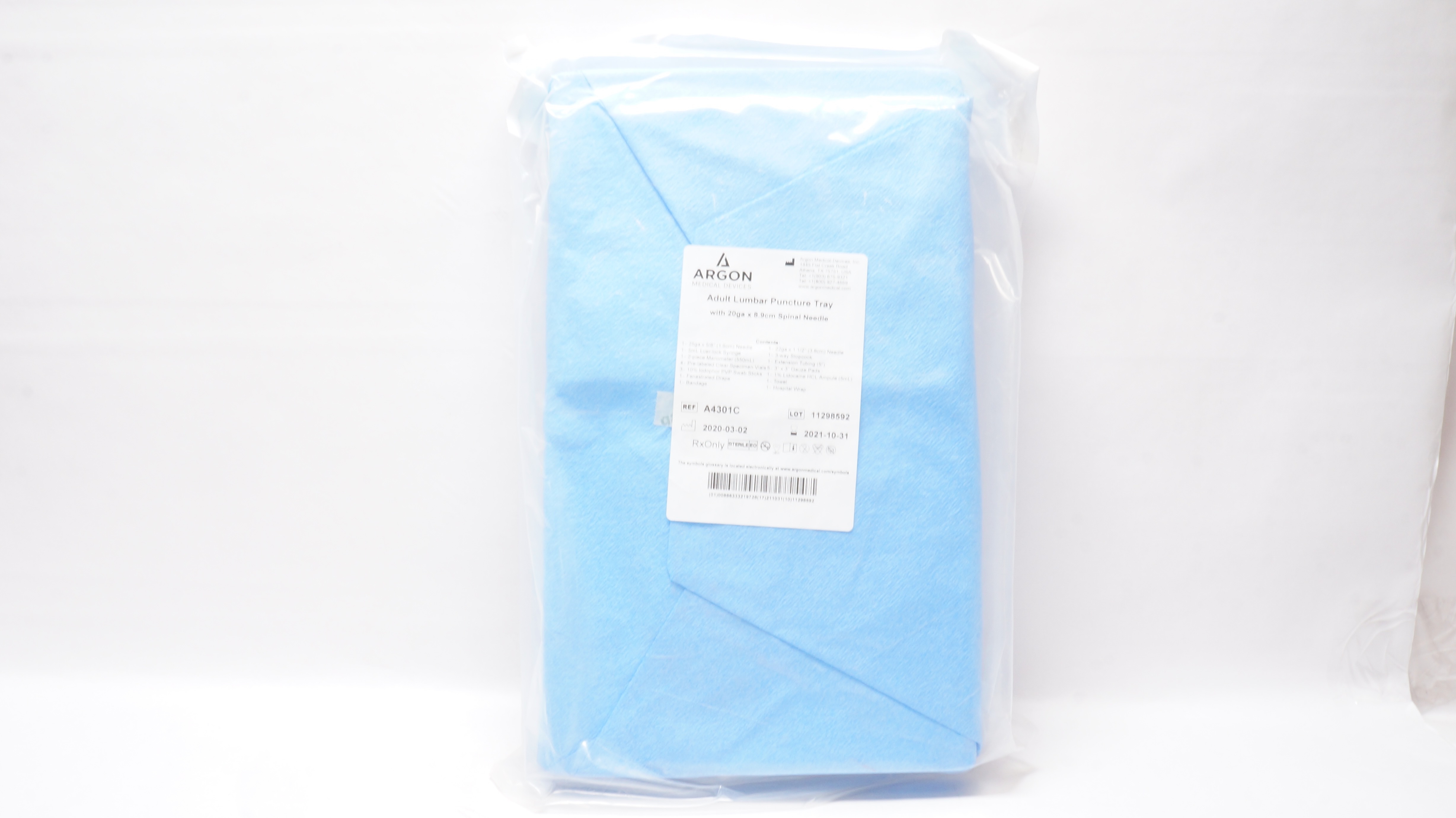 Argon A4301C Adult Lumbar Puncture Tray w/Spinal Ndle 20 ga x 8.9 cm