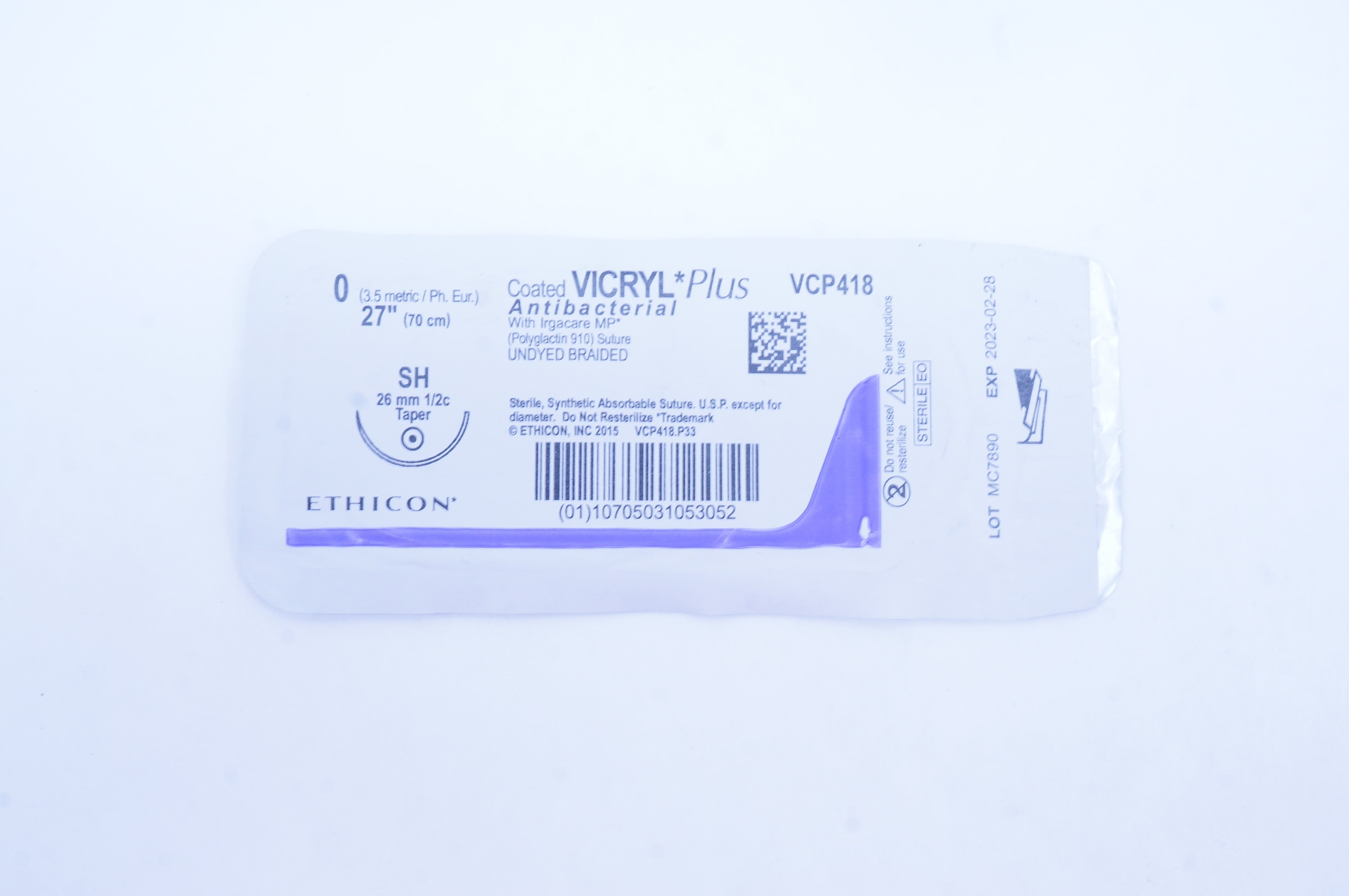 Ethicon VCP418 0 Coated VICRYL Plus Stre, SH 26mm 1/2c Taper 27inch
