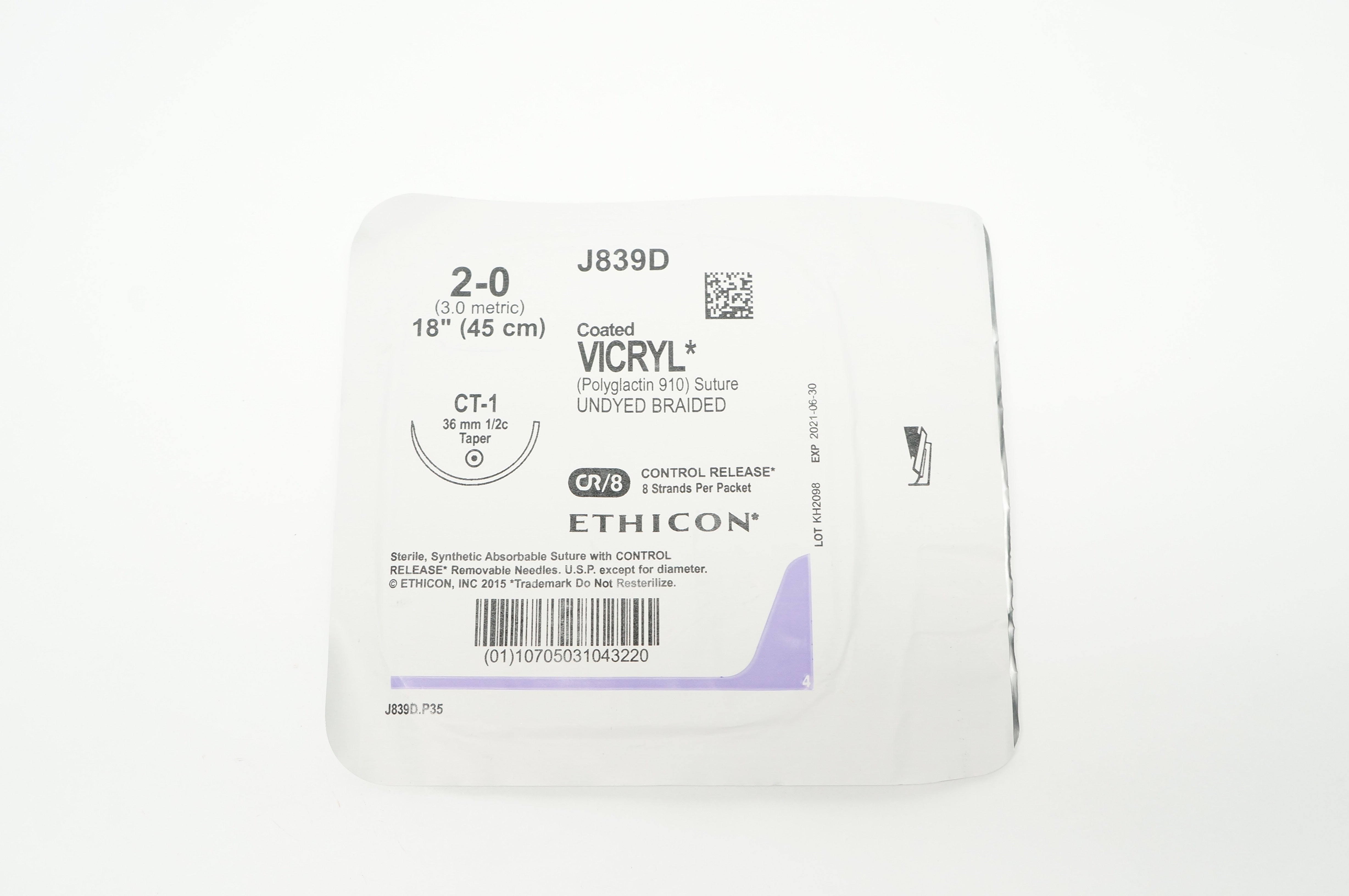 Ethicon J839D 2-0 VICRYL CT-1 36mm 1/2c Taper 18 inch (x)