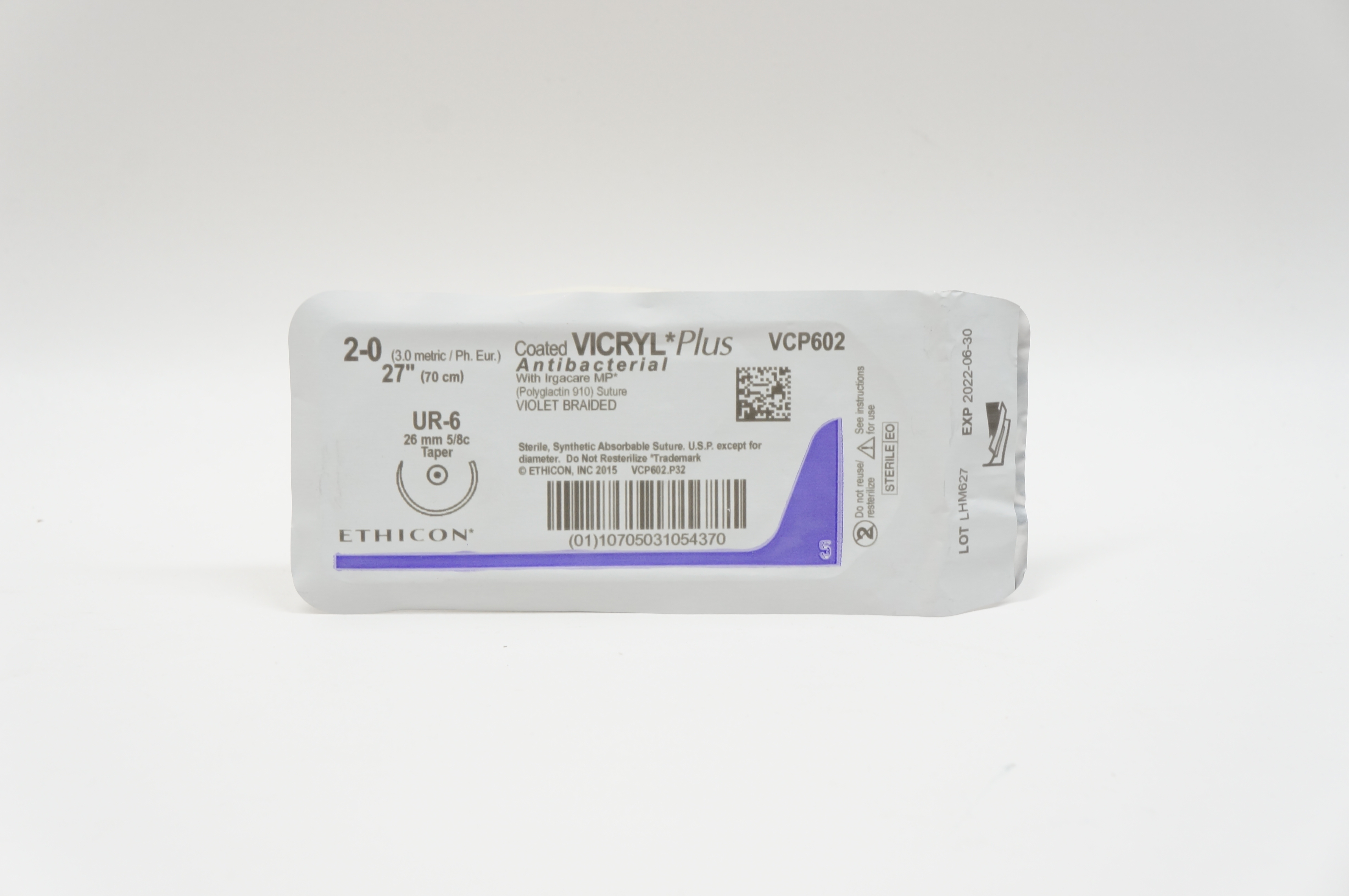 Ethicon VCP602 2-0 VICRYL Plus, UR-6, 26mm 5/8c Taper, 27inch