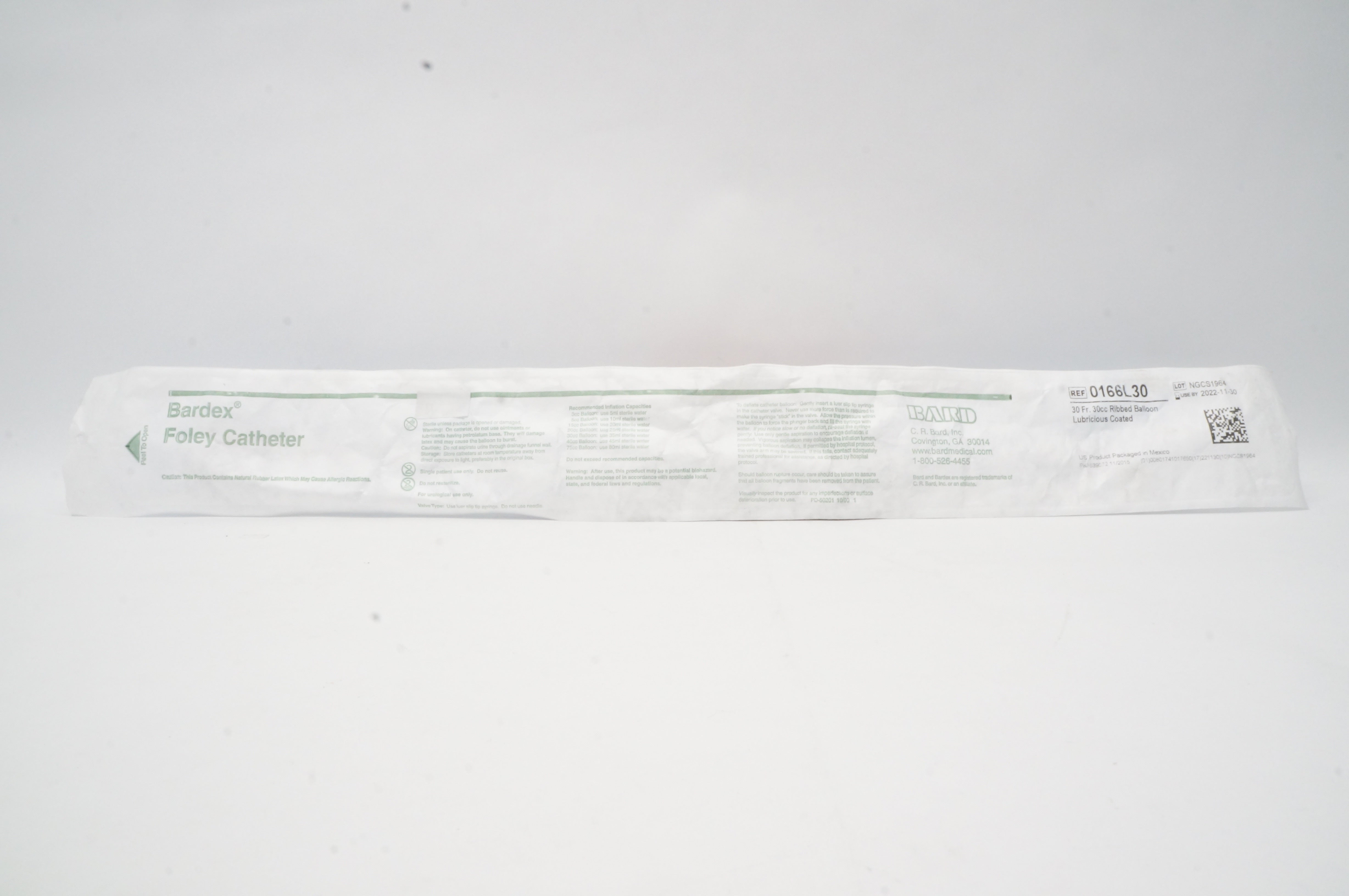 Bard 0166L30 Bardex Foley Cath. 30Fr. 30cc Ribbed Balloon Lubricious Coated