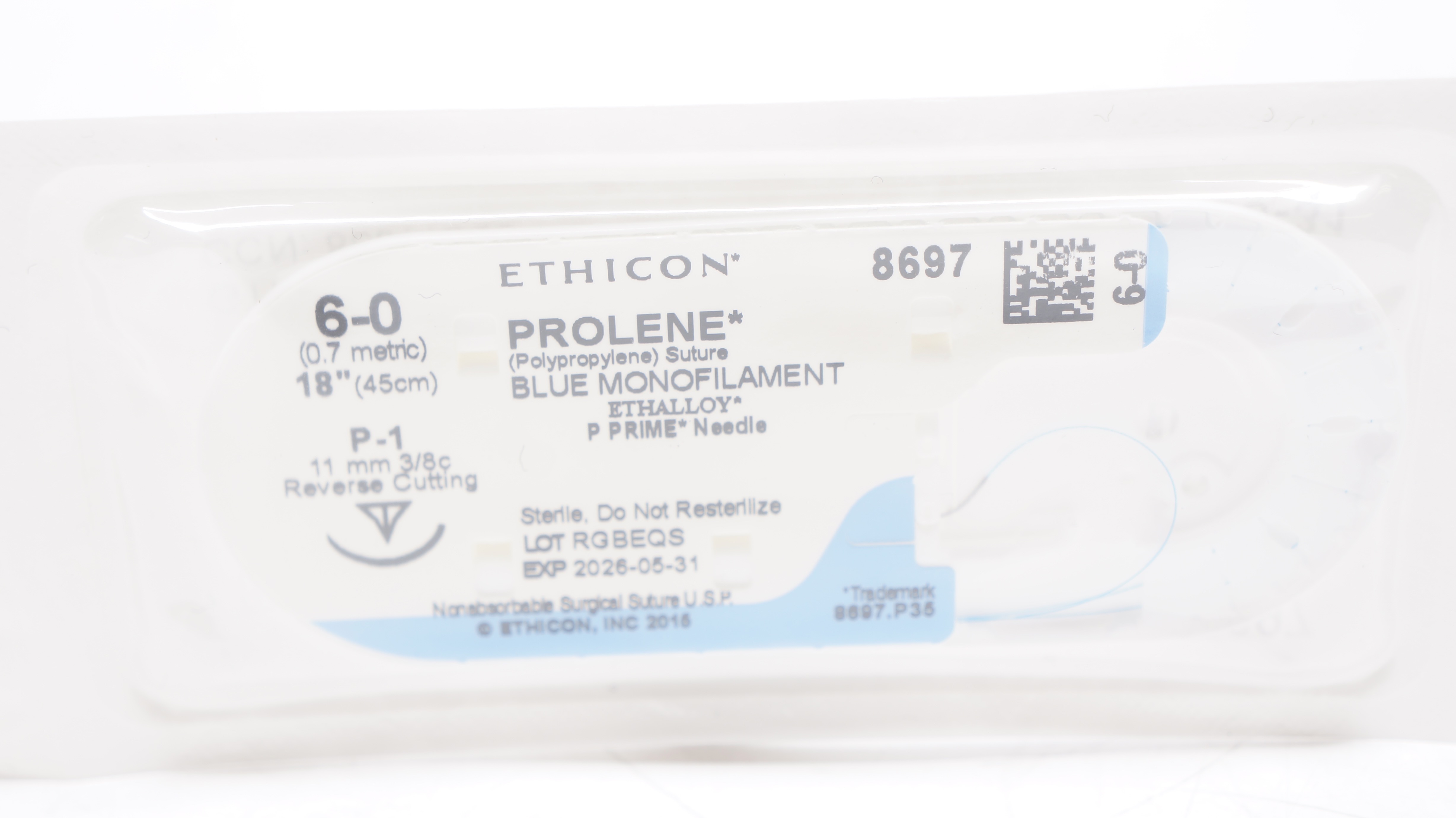 Ethicon 8697 6-0 PROLENE Polypropylene Stre P-1 11mm 3/8c Reverse ...