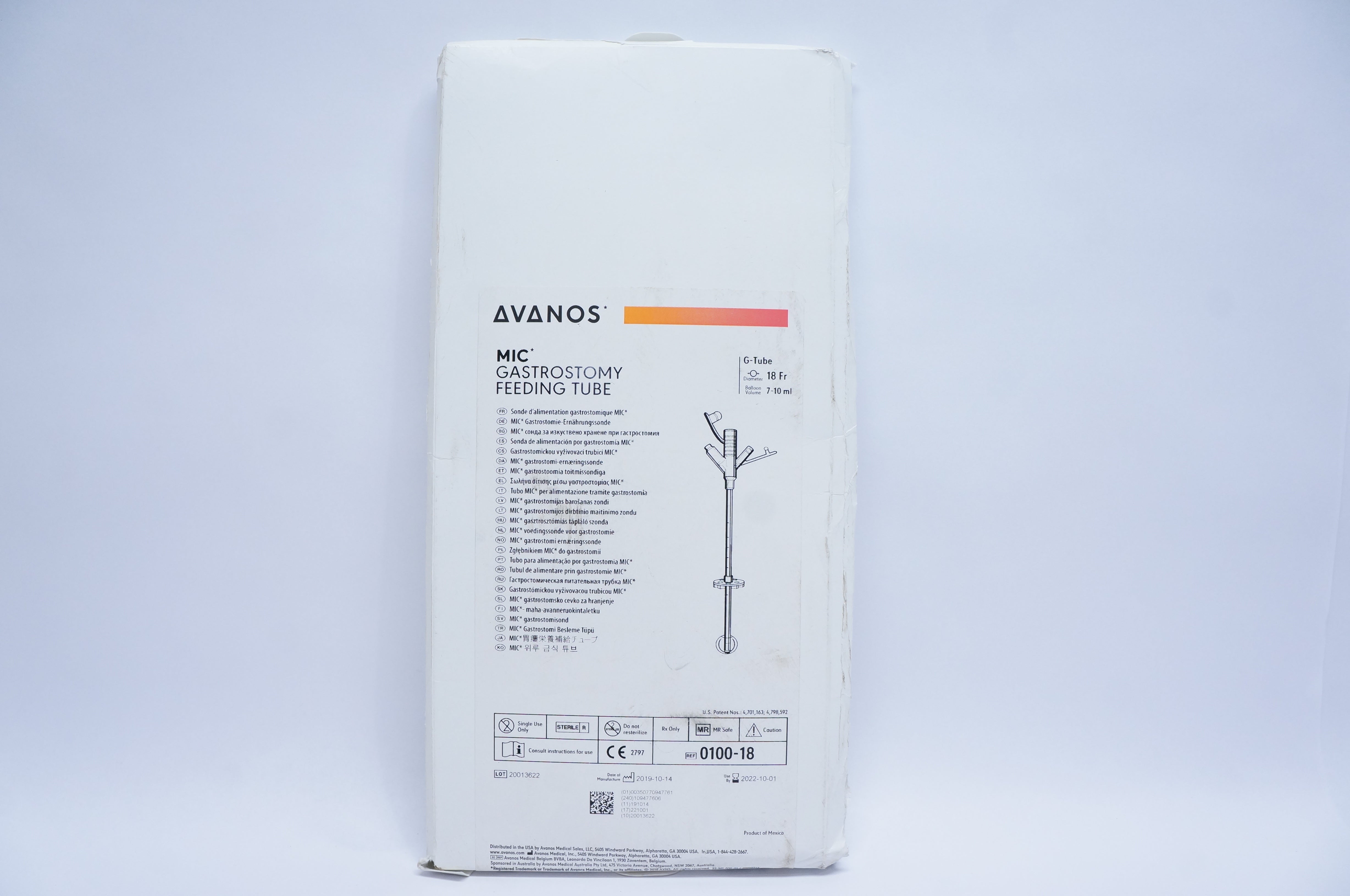 Avanos 0100-18 MIC Gastrostomy Feeding Tube 7-10ml x 18Fr.