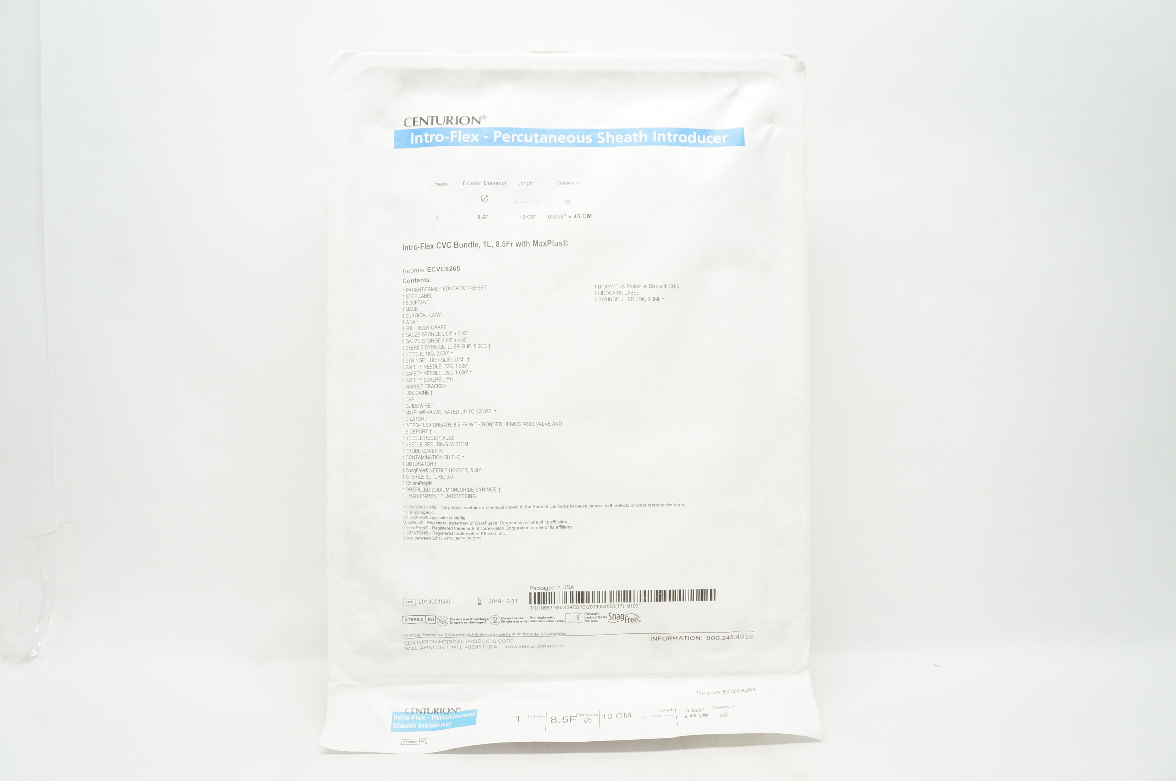 Centrum ECVC6265 Intro-Flex Percutaneous Sheath Introducer 1 Lumen 8.5F ...