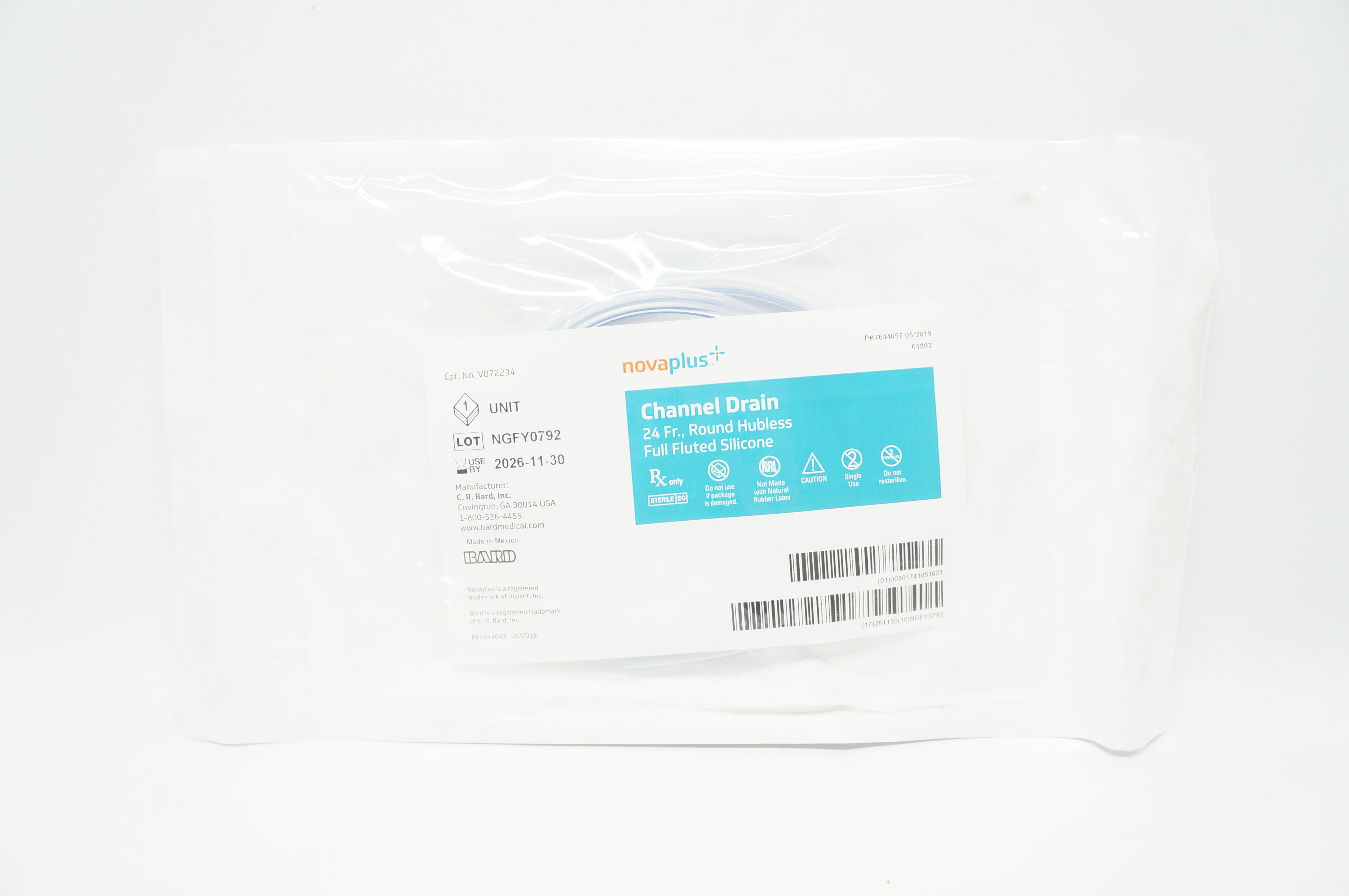 Bard V072234 Novaplus Channel Drain, 24Fr Round Hubless Full Fluted ...