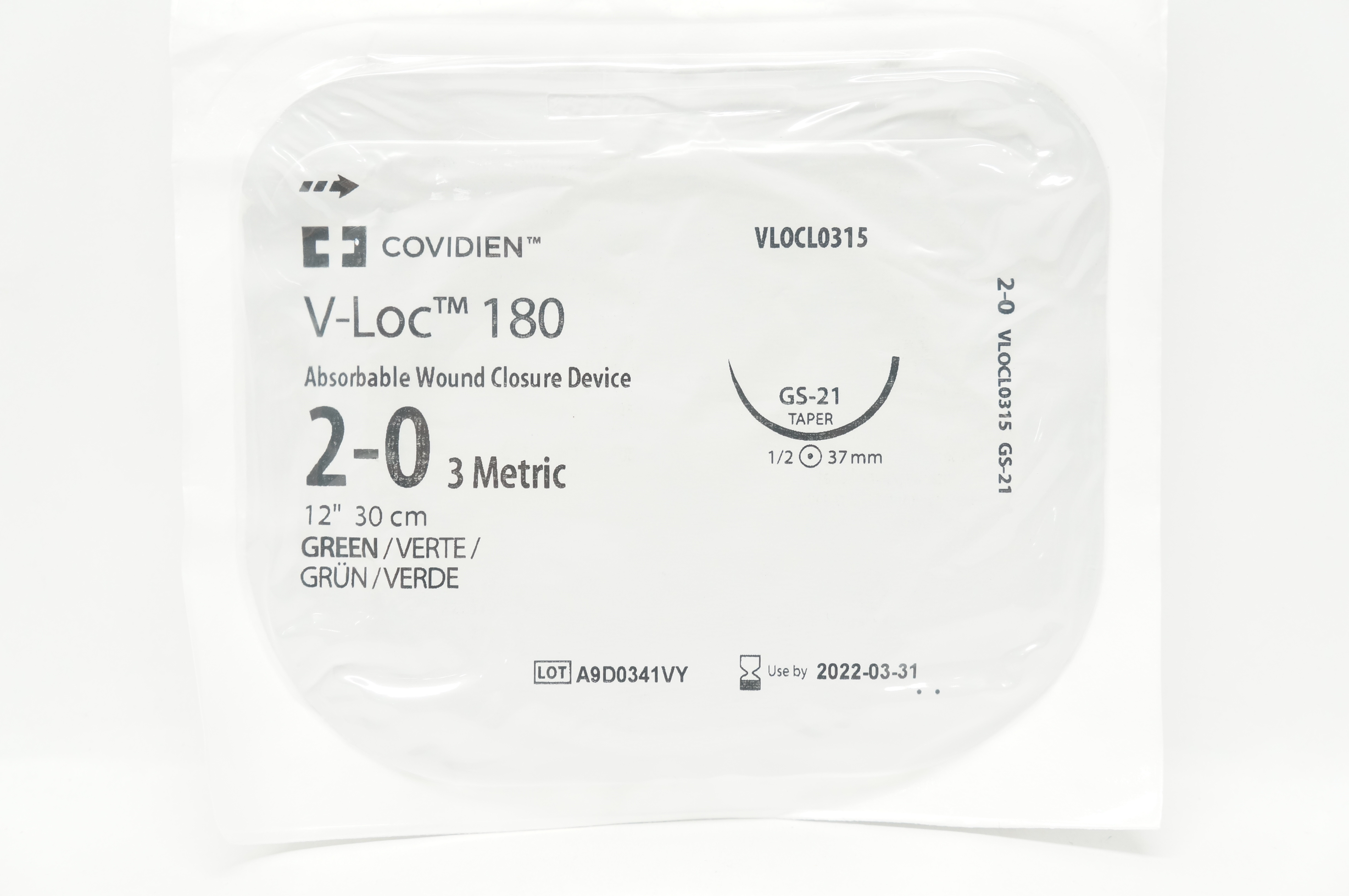 Covidien VLOCL0315, 2-0 V-Loc 180 Green, GS-21 1/2c 37mm Taper, 12inch