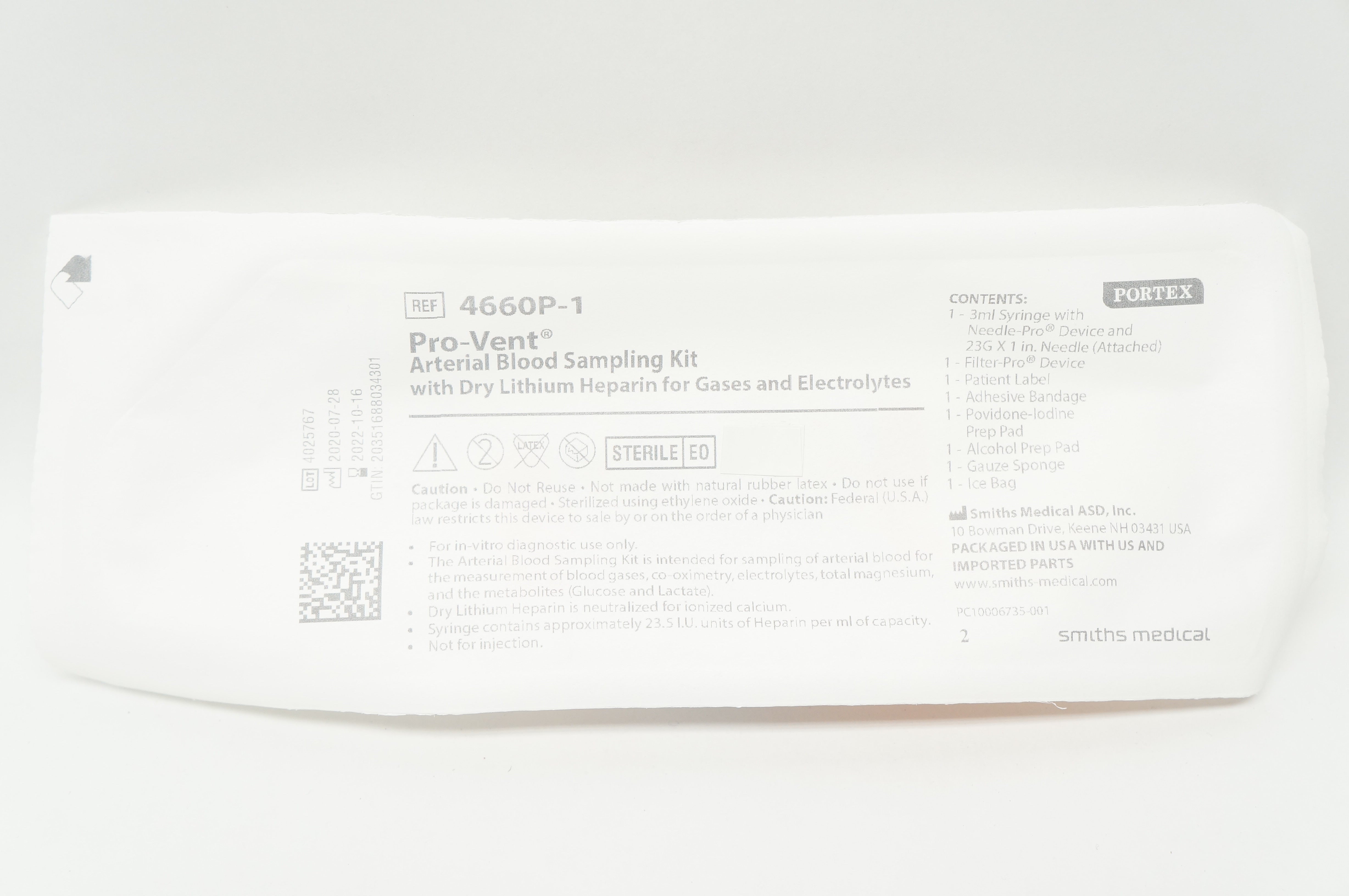 Smiths Medical 4660P-1 Portex Pro-Vent Arterial Blood Sampling Kit