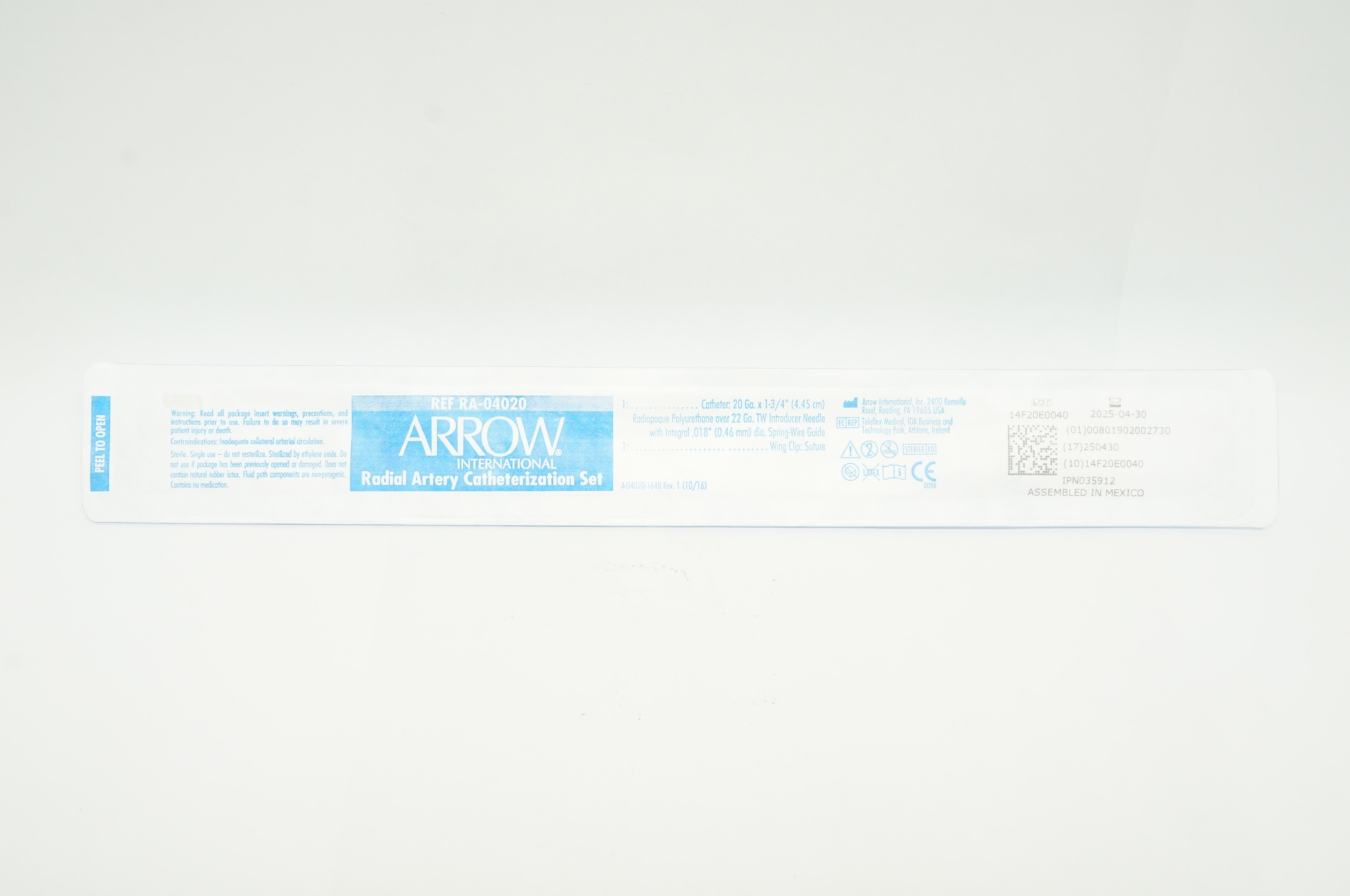 Arrow RA-04020 Radial Artery Catheterization Set 20Ga x 1-3/4 inch
